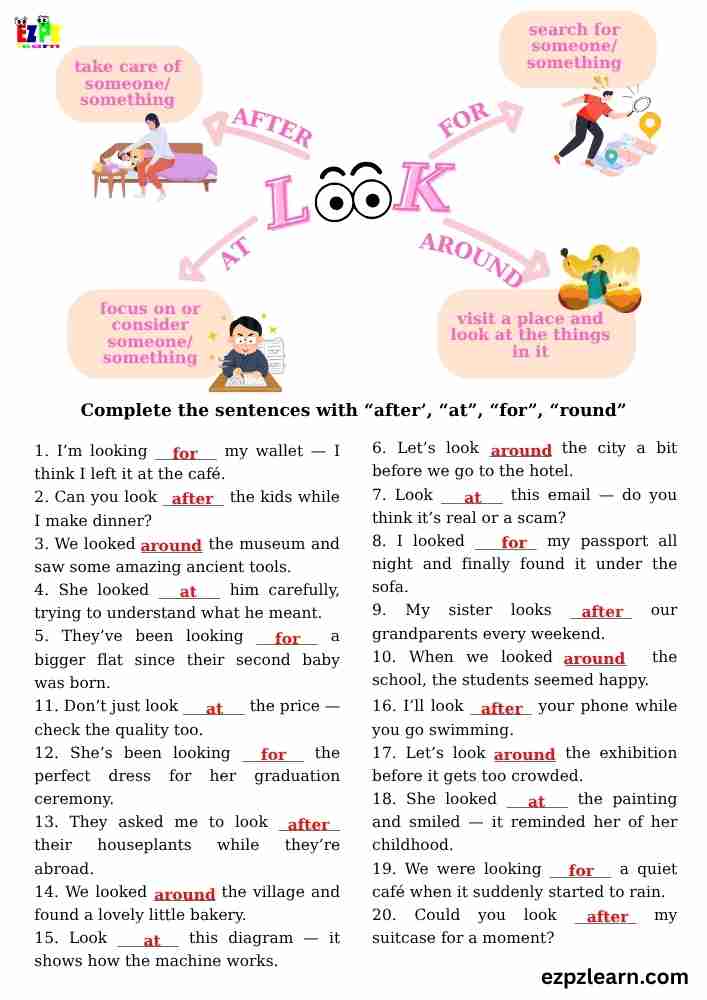 LOOK Phrasal Verbs Worksheet – Complete the Sentences | 20 Examples ...