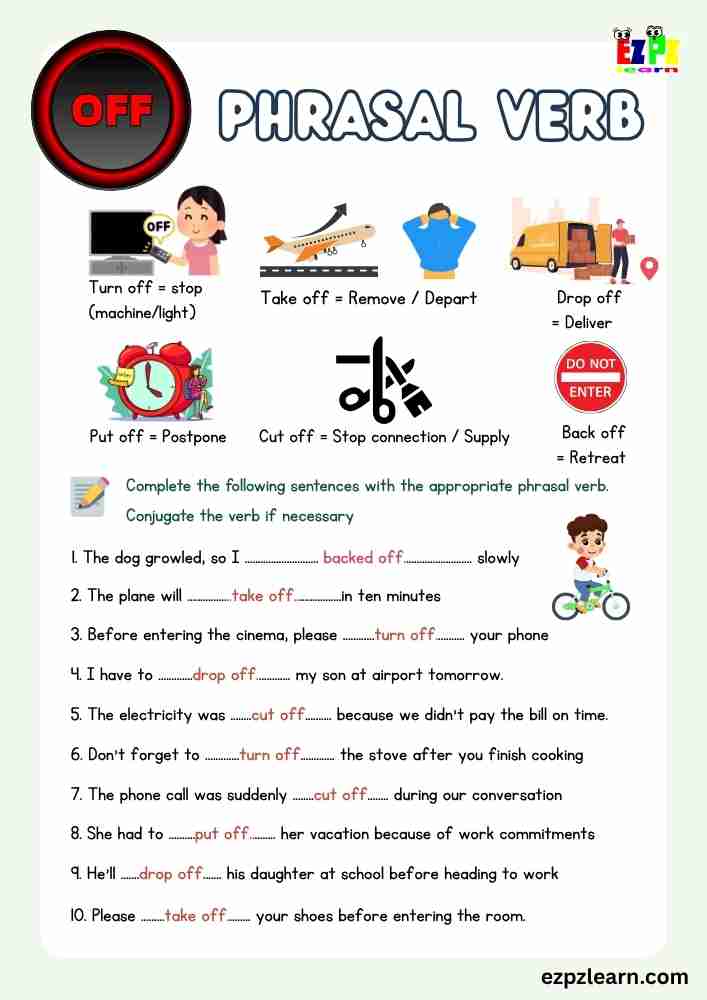 “Off” Phrasal Verbs Worksheet – Complete 10 Sentences | ESL Grammar ...