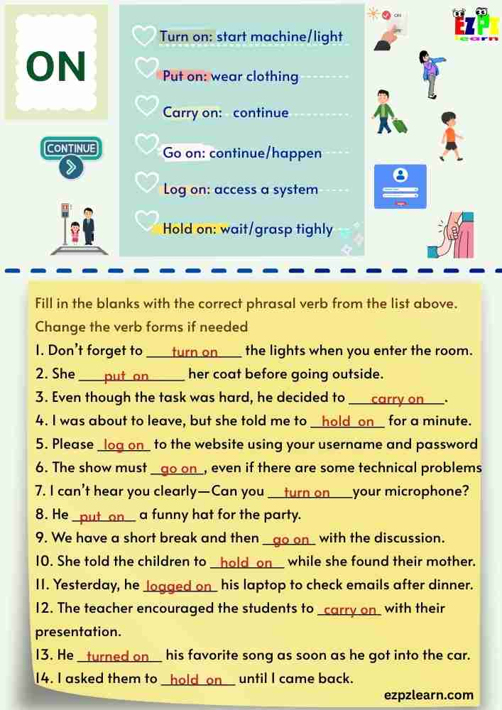 Phrasal Verb “On” Worksheet – 14 Sentences | ESL Grammar Practice PDF ...