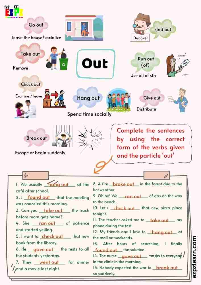 Phrasal Verb “Out” Worksheet – 15 Sentences | ESL Grammar Practice PDF ...