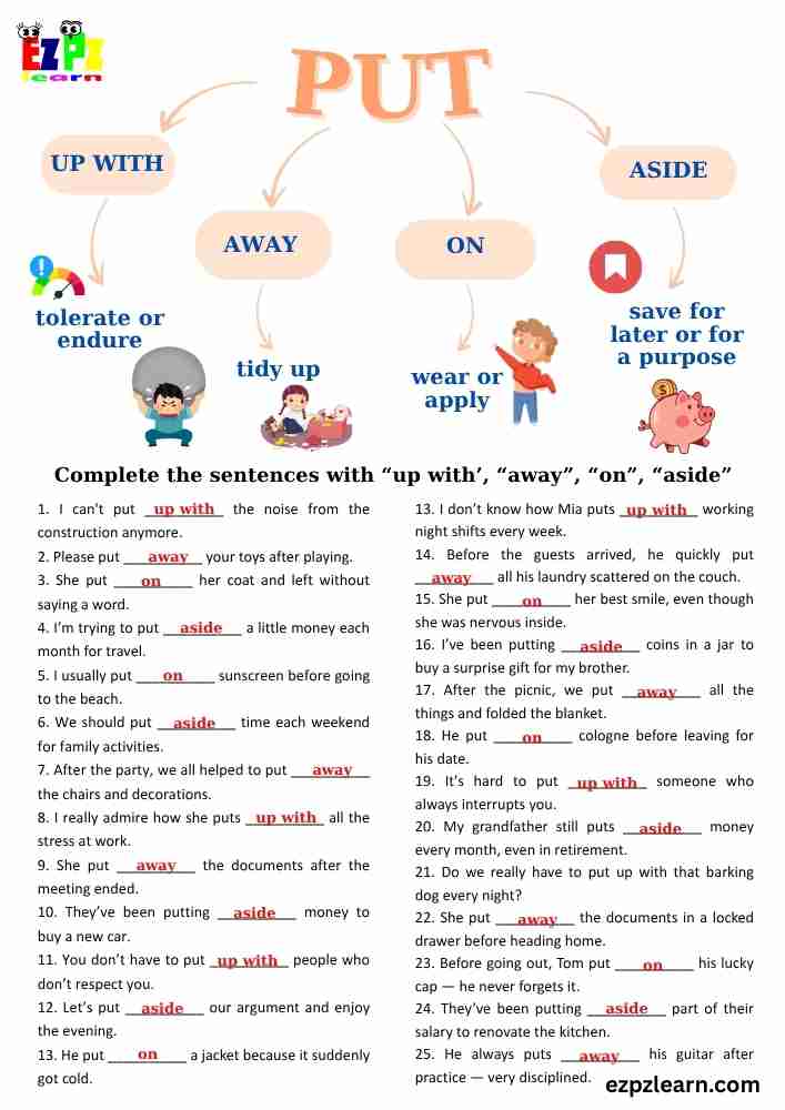 "Put" Phrasal Verbs Worksheet – 25 Sentences | ESL Grammar Practice ...