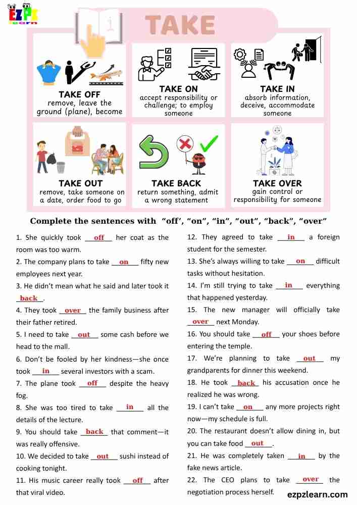 “Take” Phrasal Verbs Worksheet – 22 Sentences | ESL Grammar Practice ...