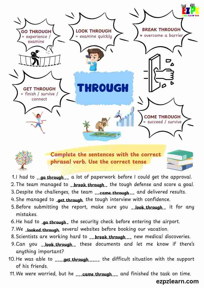 “Through” Phrasal Verbs Worksheet – 11 Sentences | ESL Grammar Practice ...