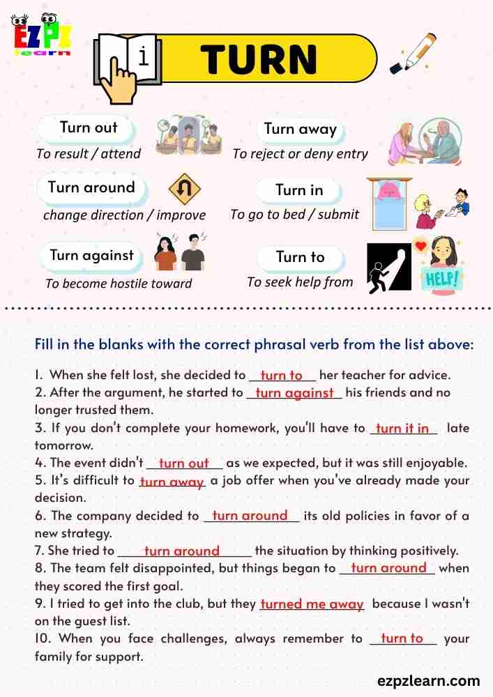 “Turn” Phrasal Verbs Worksheet – 11 Sentences | ESL Grammar Practice ...