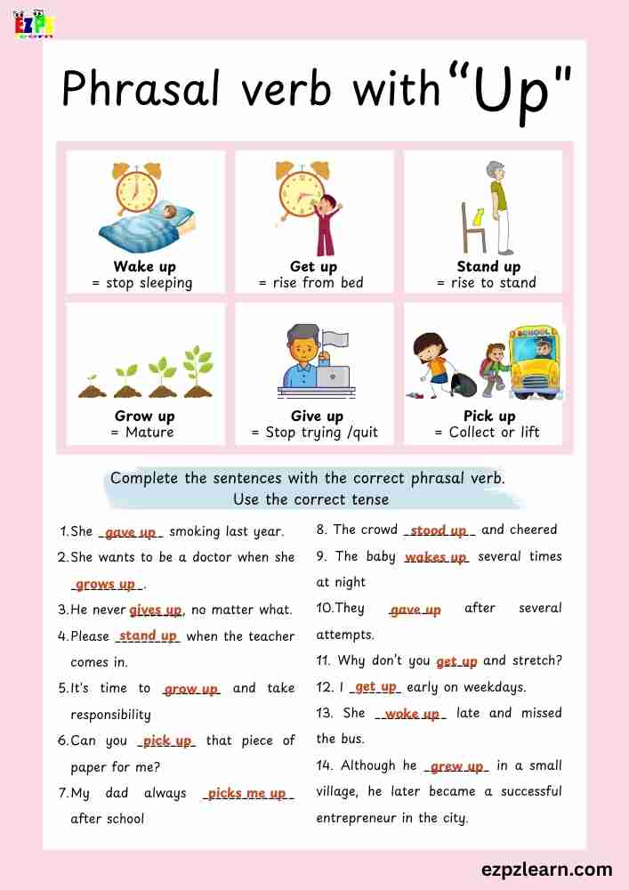 Phrasal Verbs with “Up” – 14 Sentences | ESL Grammar Worksheet | Free ...