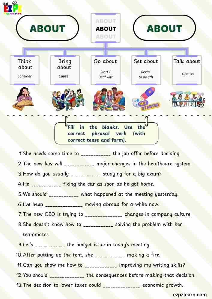 Free Phrasal Verb “About” Worksheet – ESL & EFL Printable for Learners ...