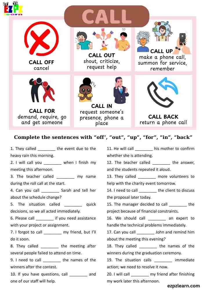 20 Sentences Using “Call” Phrasal Verbs | ESL Grammar Worksheet | Free ...