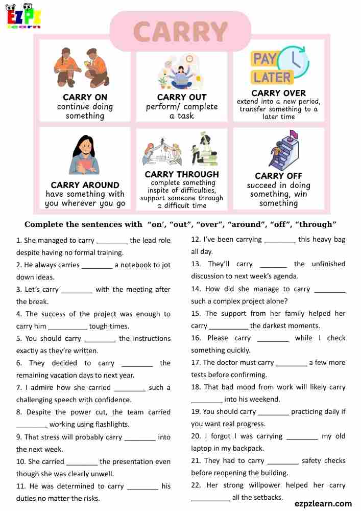"CARRY" Phrasal Verbs Worksheet – 22 Sentence Activity | Free ESL PDF ...