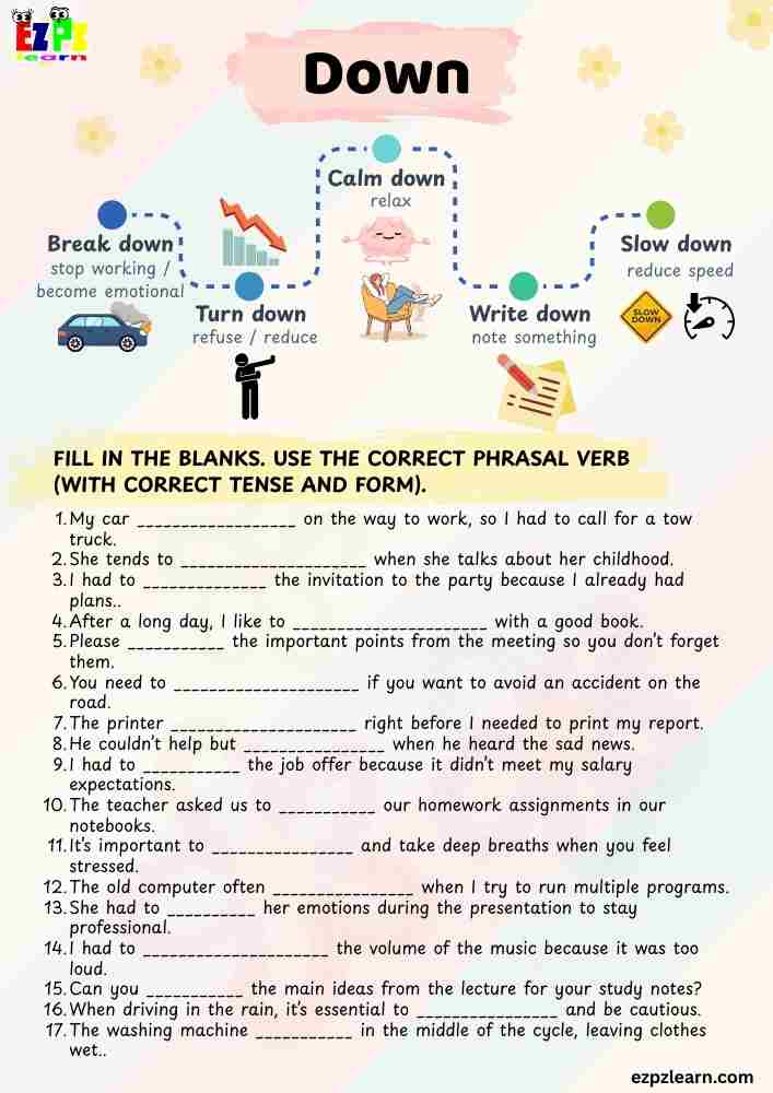 Phrasal Verbs with “Down” – 17 Sentence Worksheet | ESL Grammar ...