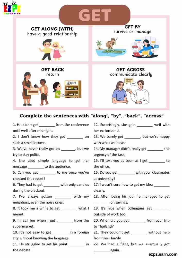 Phrasal Verbs with “Get” – 22 Sentence ESL Worksheet | Free PDF ...
