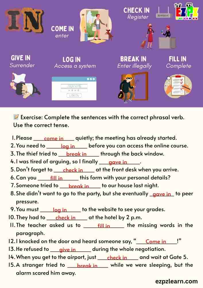 Phrasal Verbs with “IN” | ESL Worksheet | Fill in the Blanks | Free PDF ...