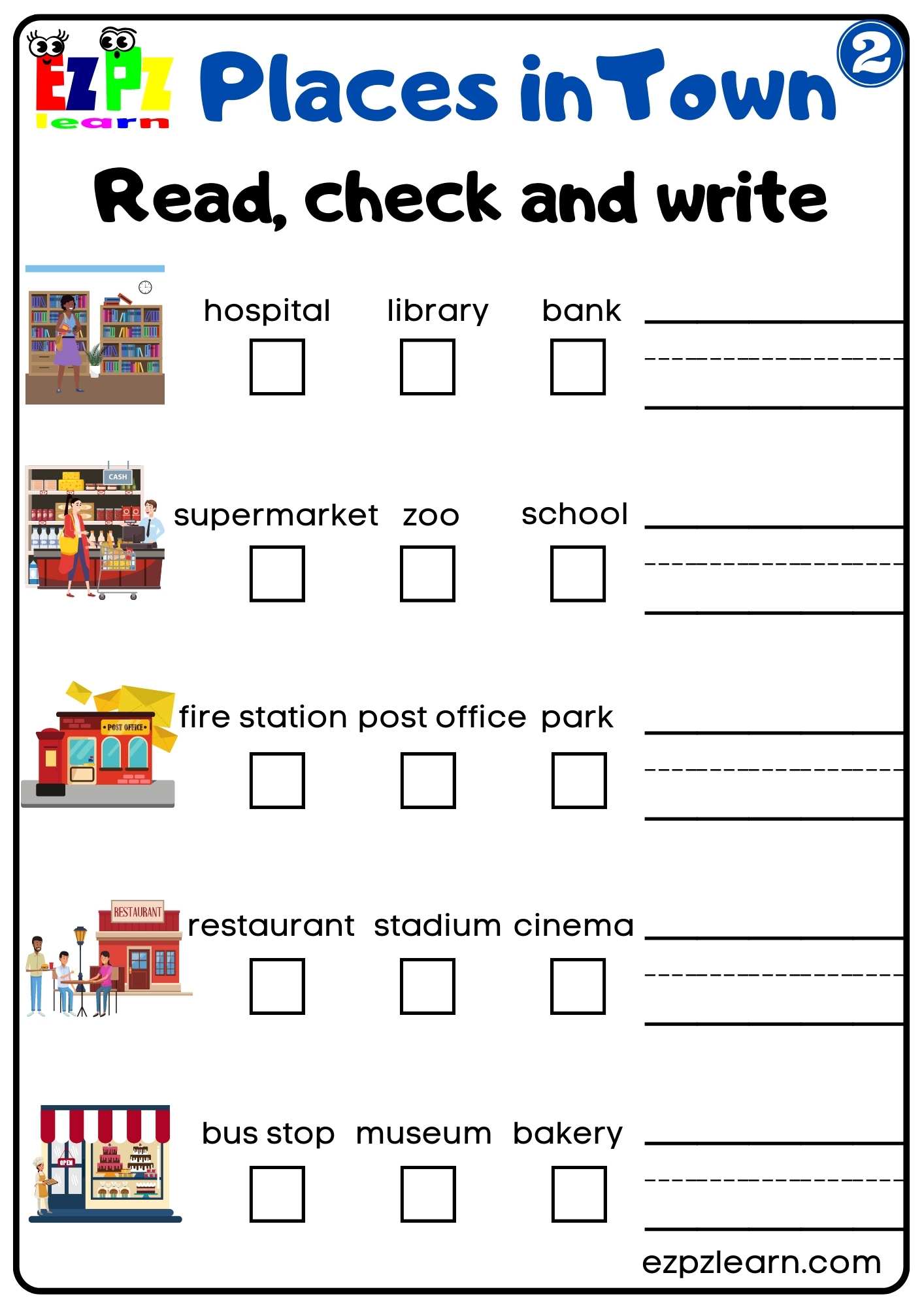 Places in Town Vocabulary Read Check and Write Worksheet Free Download ...