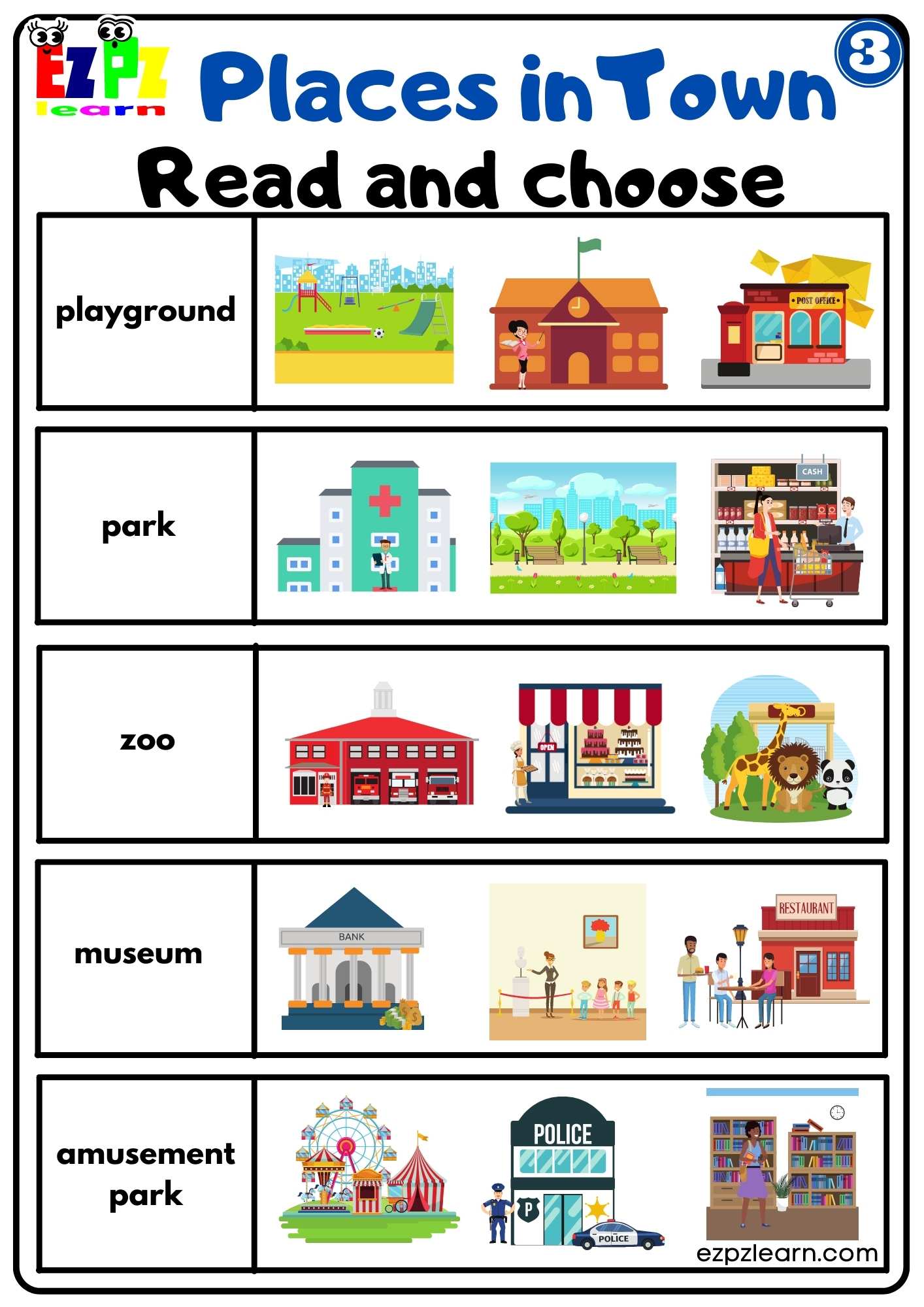 Places in The City Vocabulary Read and Choose Worksheet Download for K5 ...