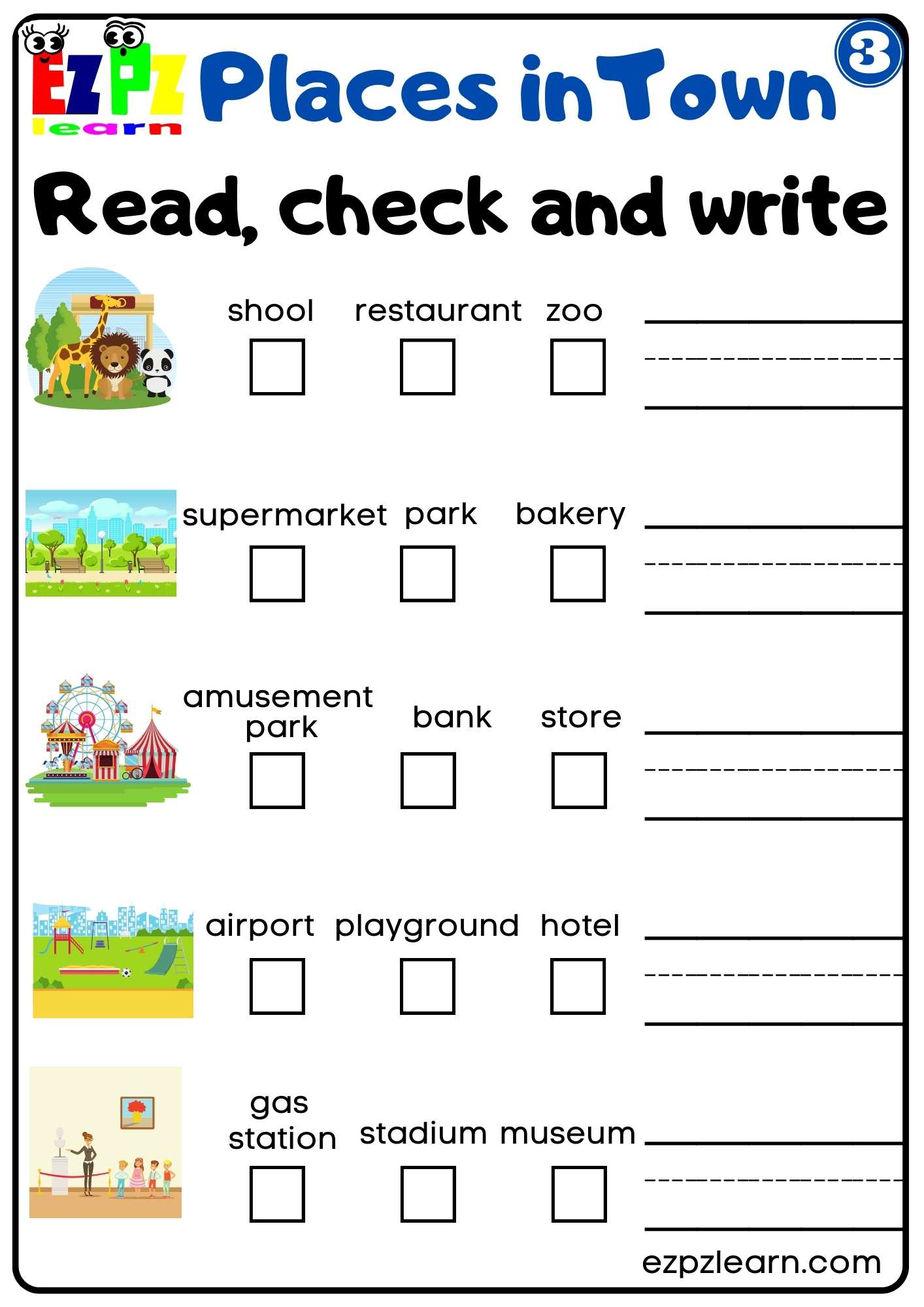 Places in The City Vocabulary Read Check and Write Worksheet Download ...