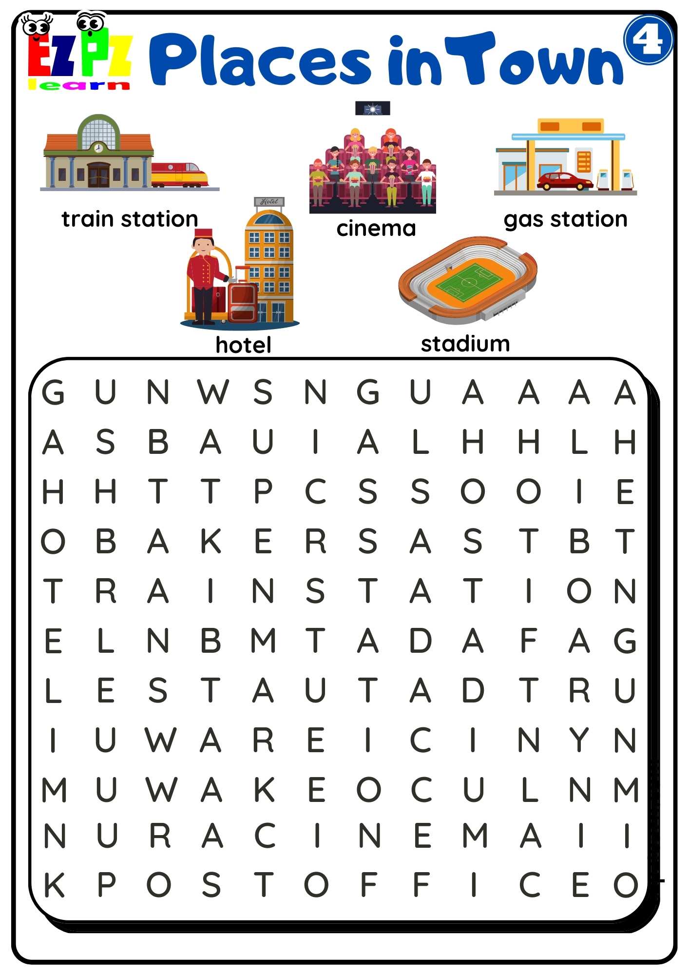 Places in Town Vocabulary Word Search Worksheet for K5 Kids and ESL ...