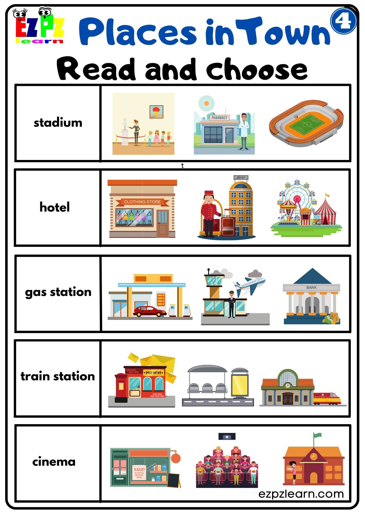 Places in Town Vocabulary Read and Choose Worksheet for K5 Kids and ESL ...
