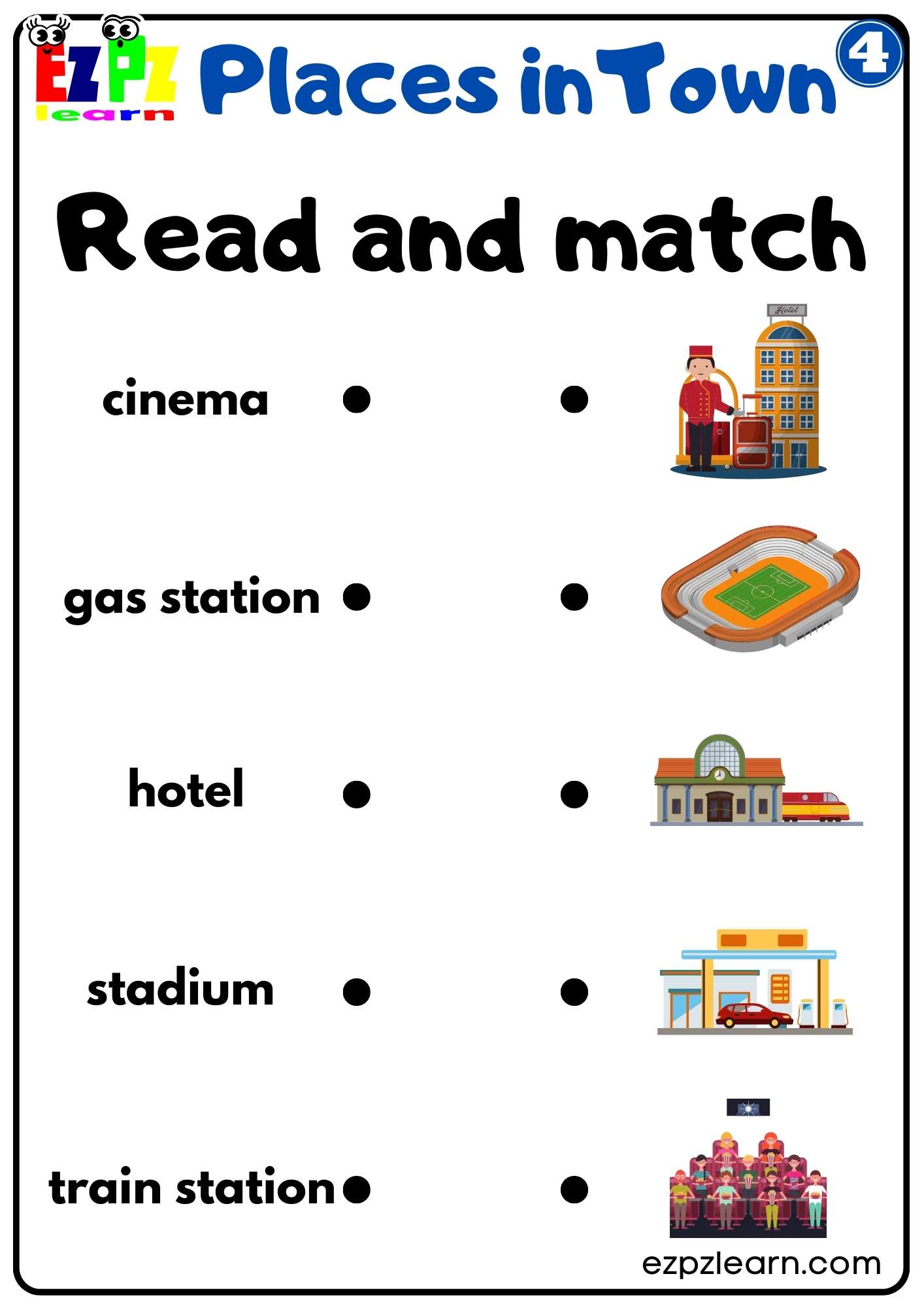 Places in Town Vocabulary Read and Match Worksheet for K5 Kids and ESL ...