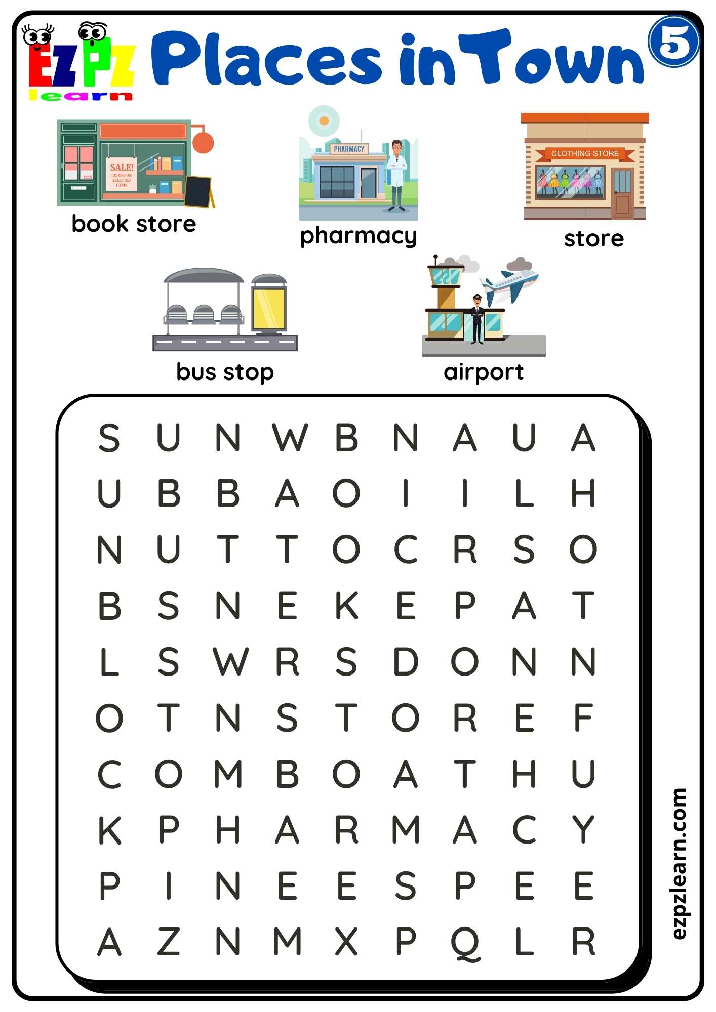 Places in Town Word Search Worksheet for Kids and ESL Students Download ...