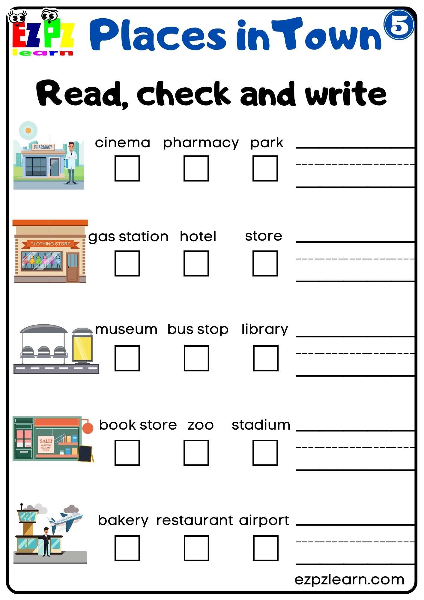 Places in Town Read Check and Write Easy Worksheet for Kids and ESL ...