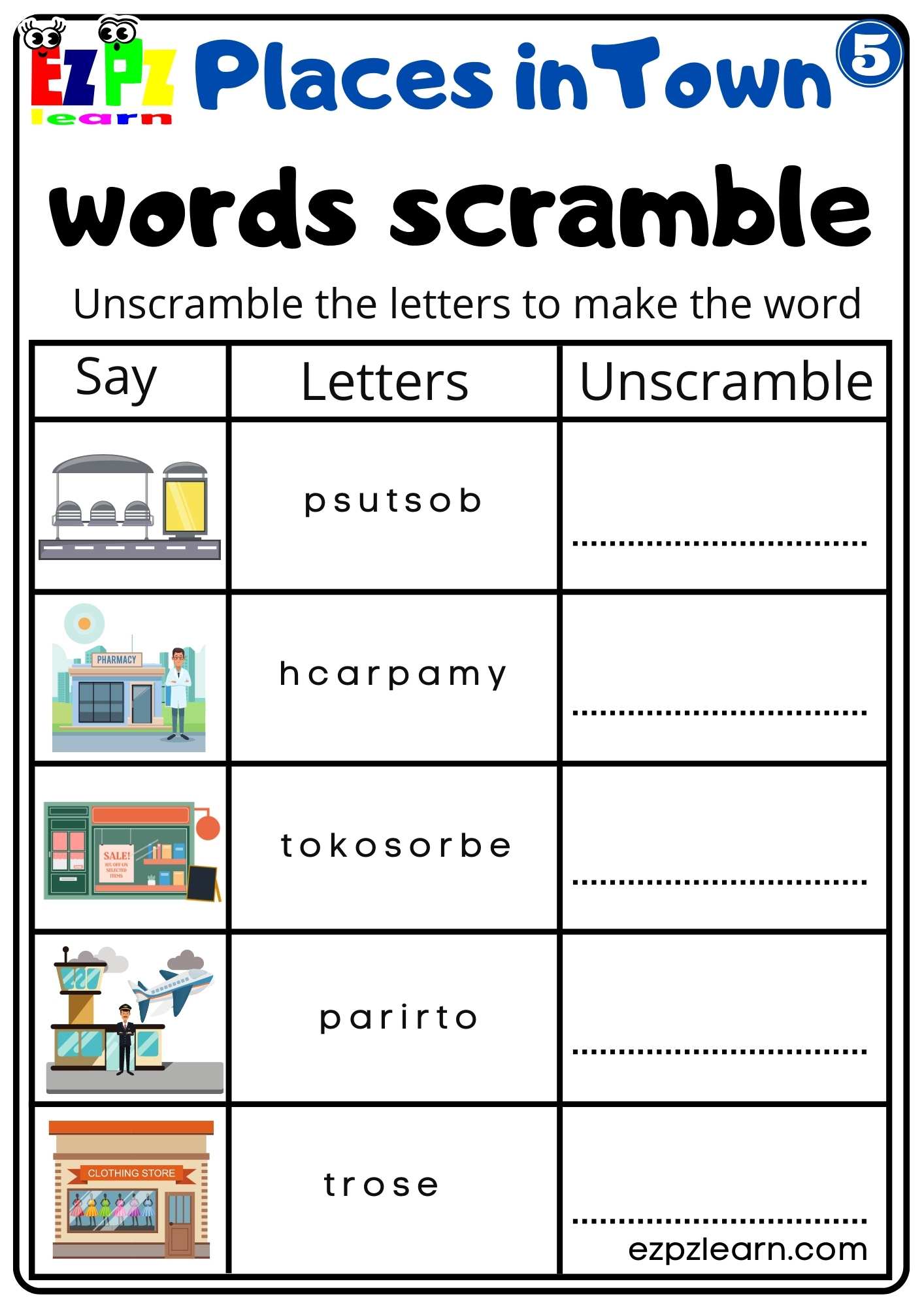 Places in Town Word Scramble Easy Worksheet for Kids and ESL Students ...