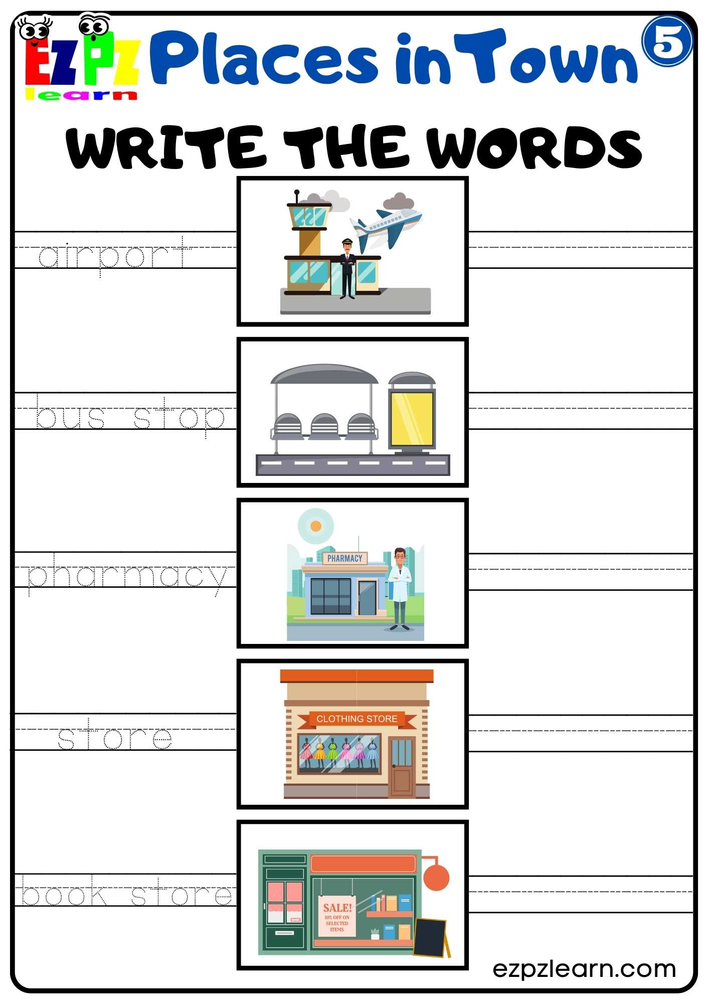 Places in Town Write the Words Easy Worksheet for Kids and ESL Students ...
