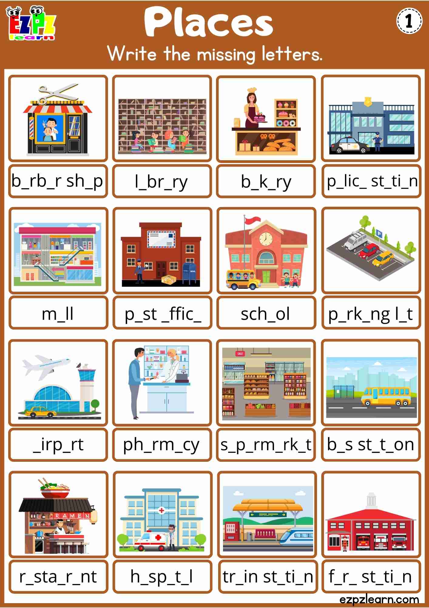 Places in the City – Fill in the Missing Letters Worksheet Free PDF for ...
