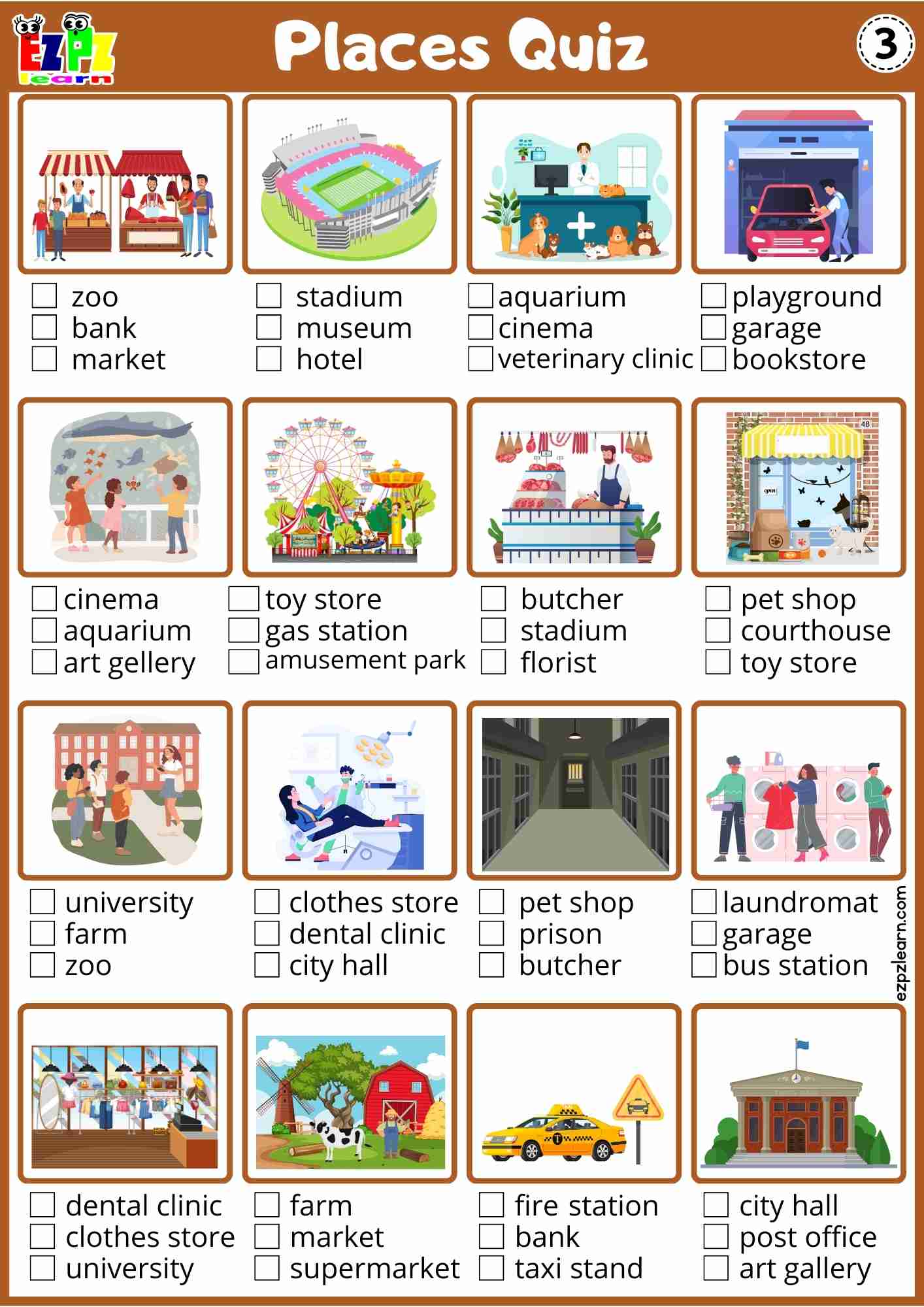Places in the City – Tick the Correct Word Quiz Free PDF Worksheet for ...
