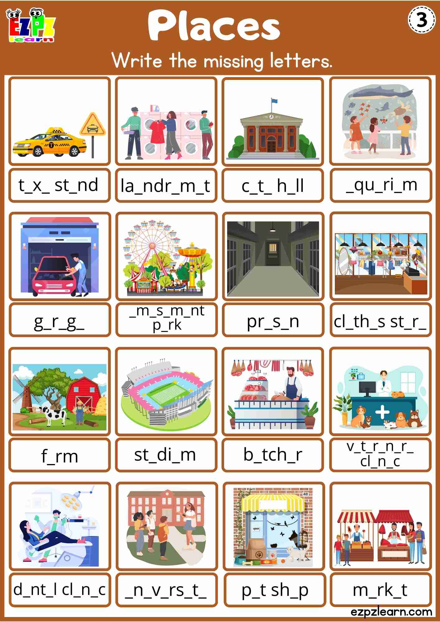Places in the City – Fill in the Missing Letters Worksheet Free PDF for ...
