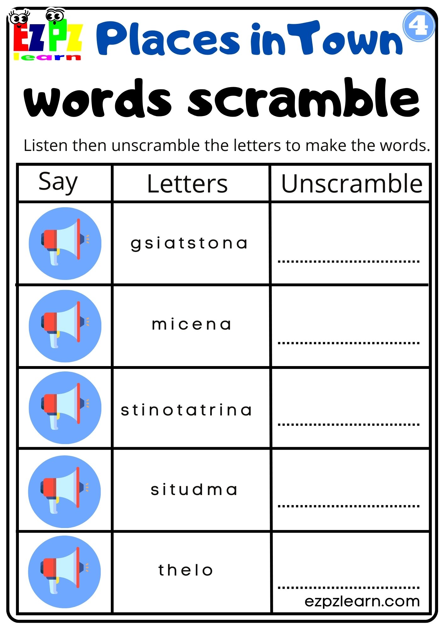 Places in the City Vocabulary Interactive Worksheet Listen, Unscramble ...