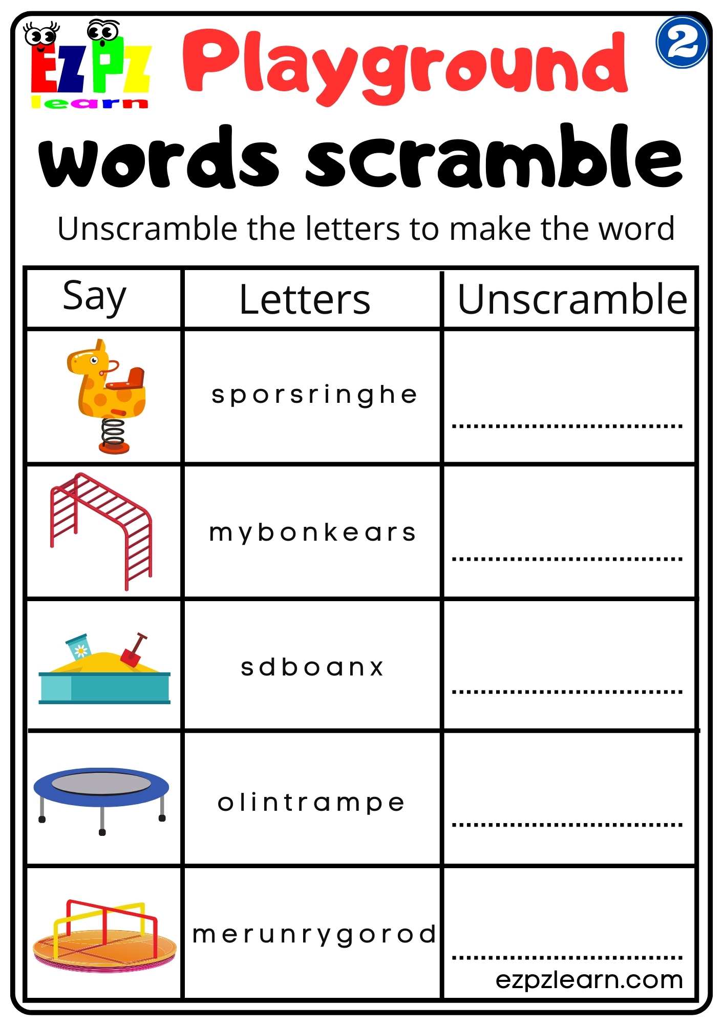 Playground Vocabulary 2 Word Scramble Worksheet for Kindergarten and ...