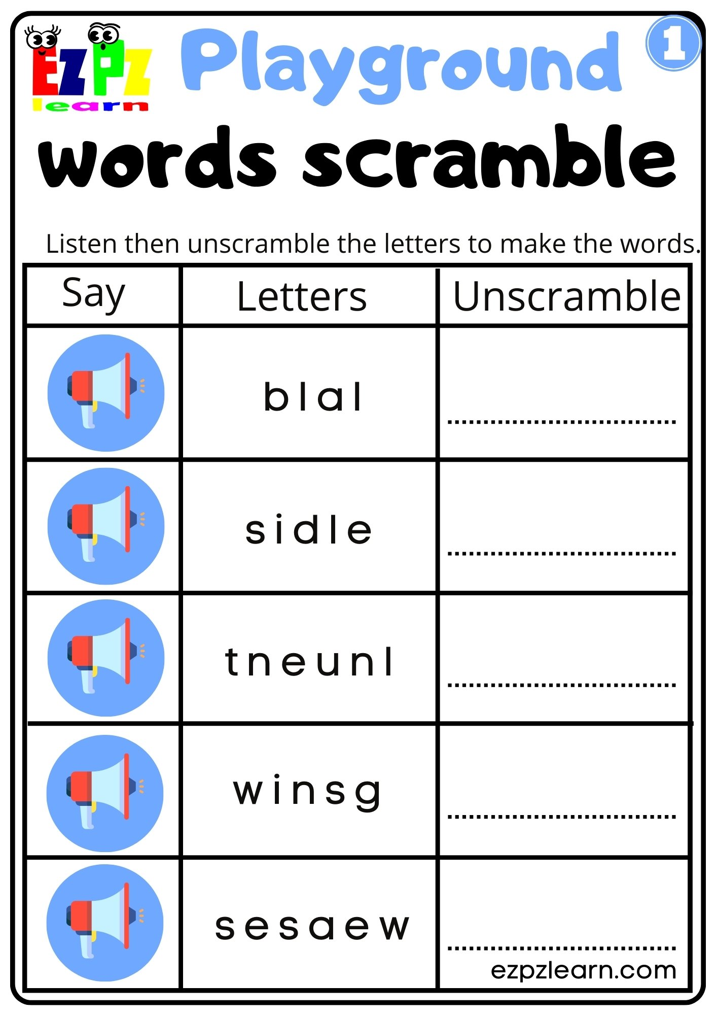 Playground Interactive Vocabulary Worksheet Listen, Unscramble and ...