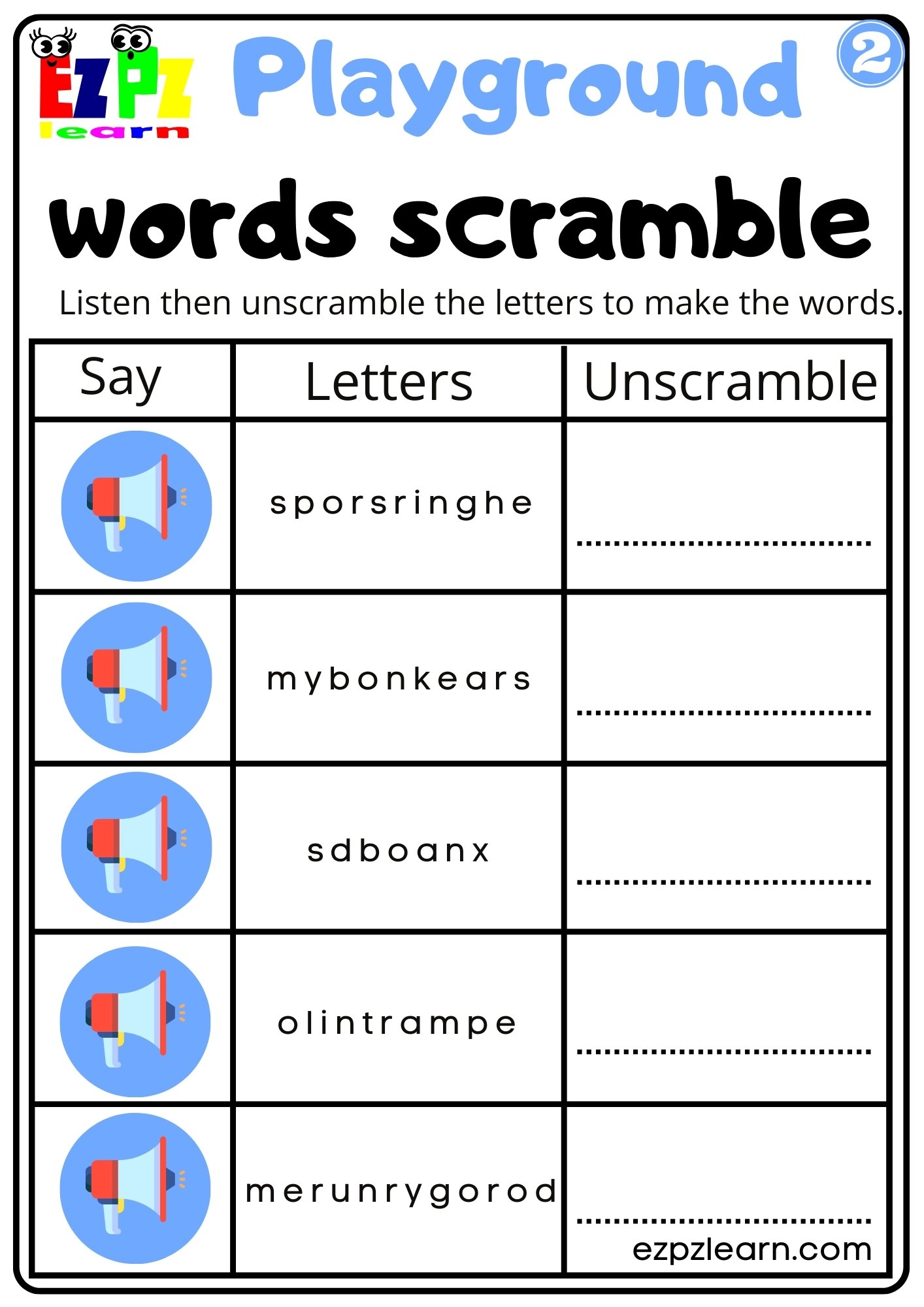 Playground Interactive Vocabulary Worksheet Listen, Unscramble and ...