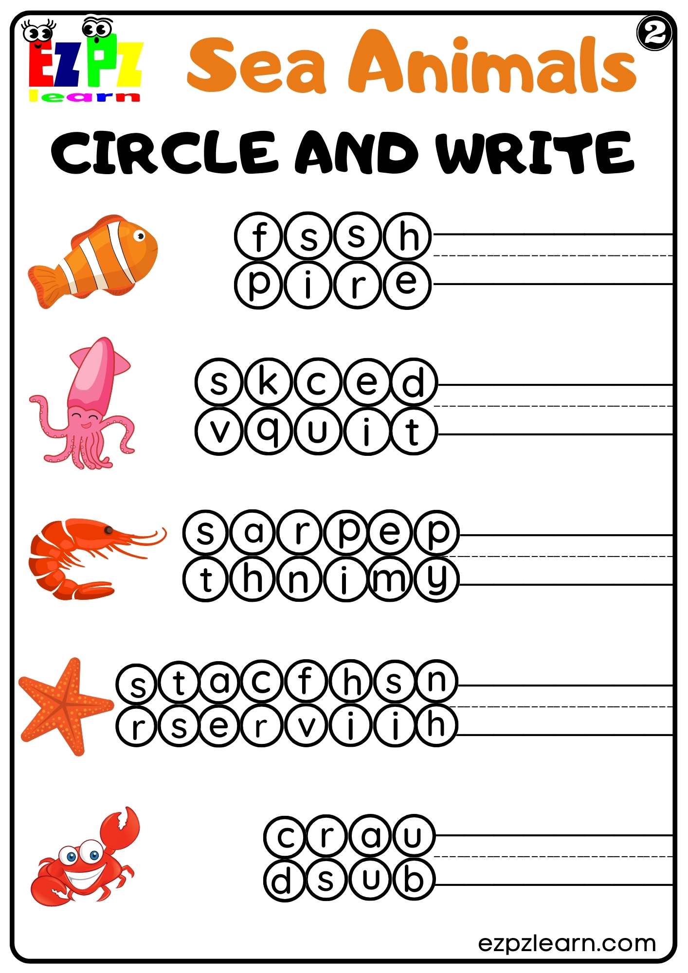 Sea Animals Circle and Write Worksheet For Kids and ESL Set 2 Free PDF ...