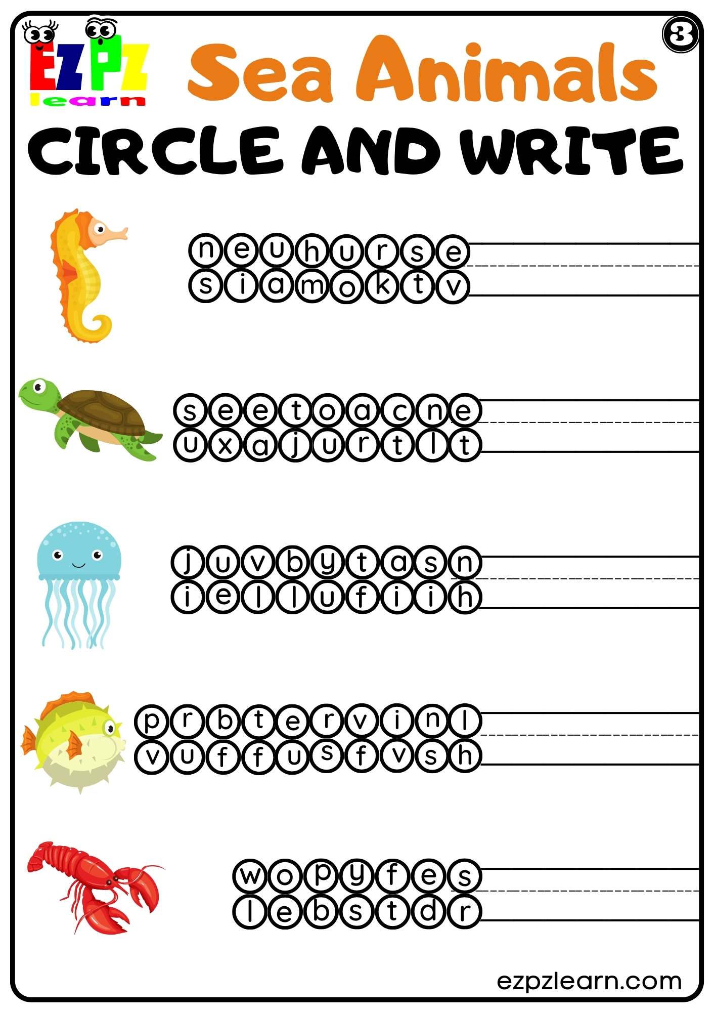 Sea Animals Circle and Write Worksheet For Kids and ESL Set 3 Free PDF ...