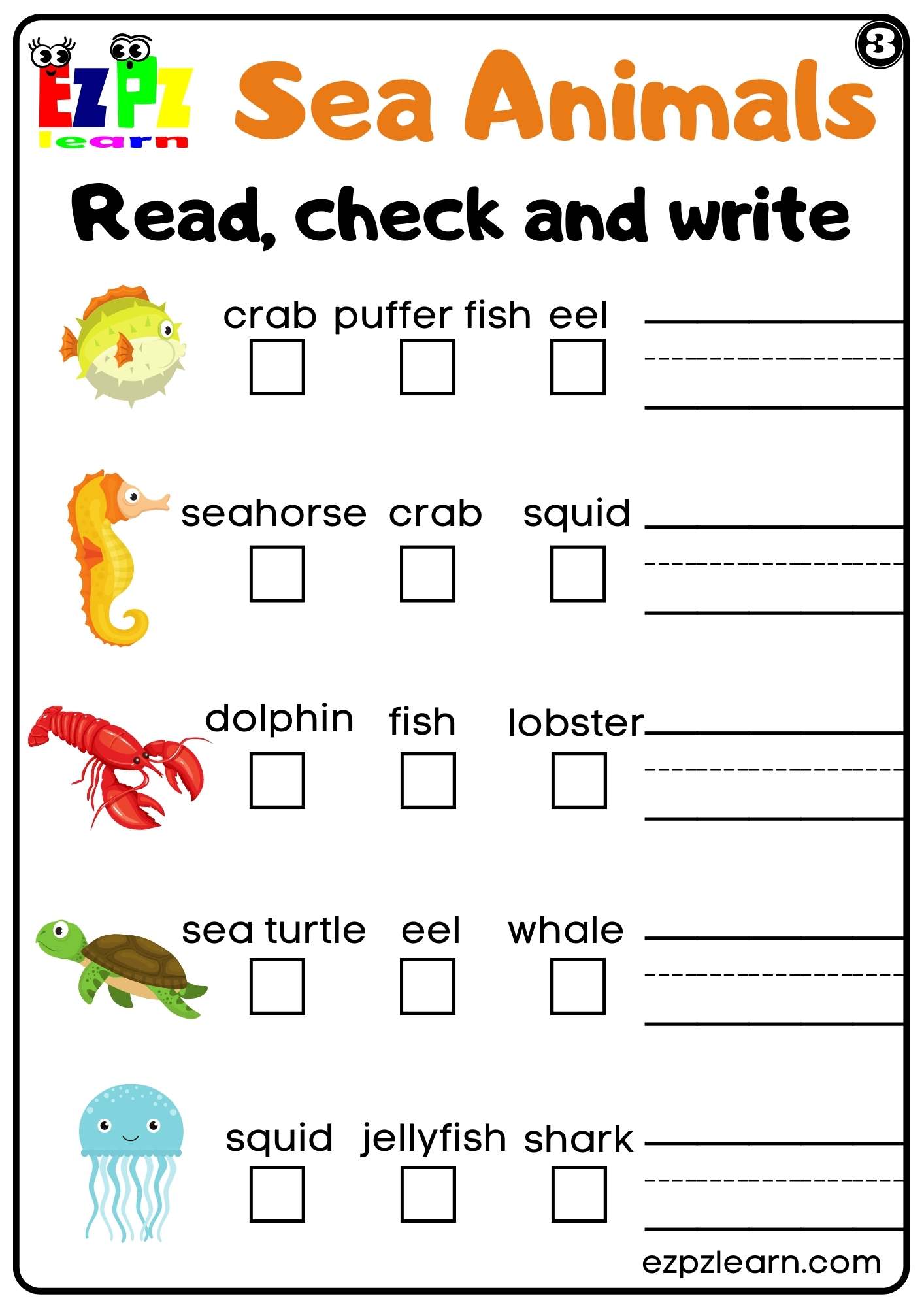 Sea Animals Read Check and Write Worksheet For Kids and ESL Set 3 PDF ...