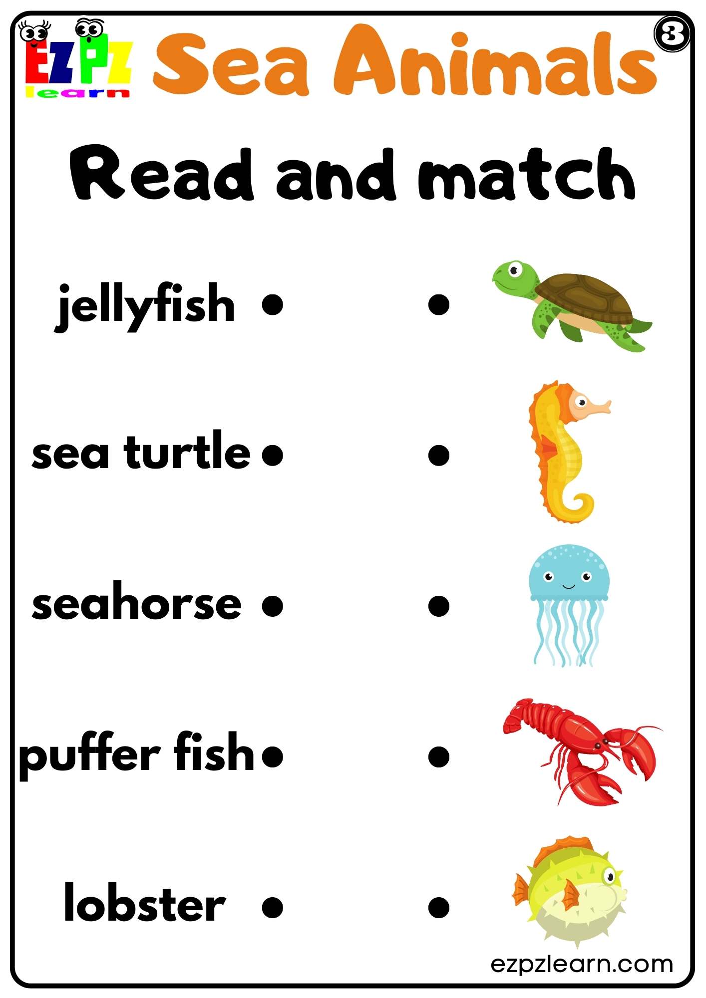 Sea Animals Read and Match Worksheet For Kids and ESL Set 3 PDF ...