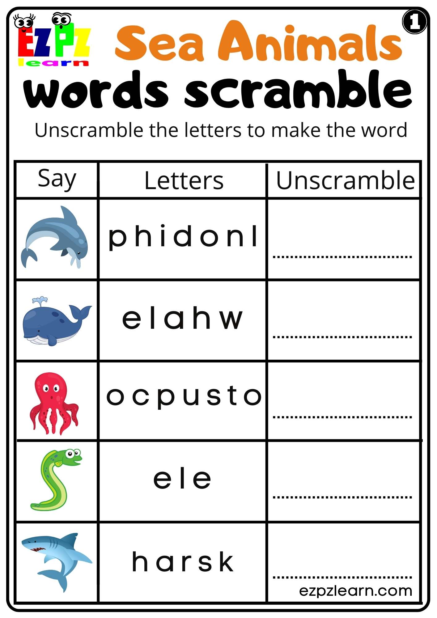 Sea Animals Word Scramble Worksheet For Kids and ESL Set 1 Free PDF ...