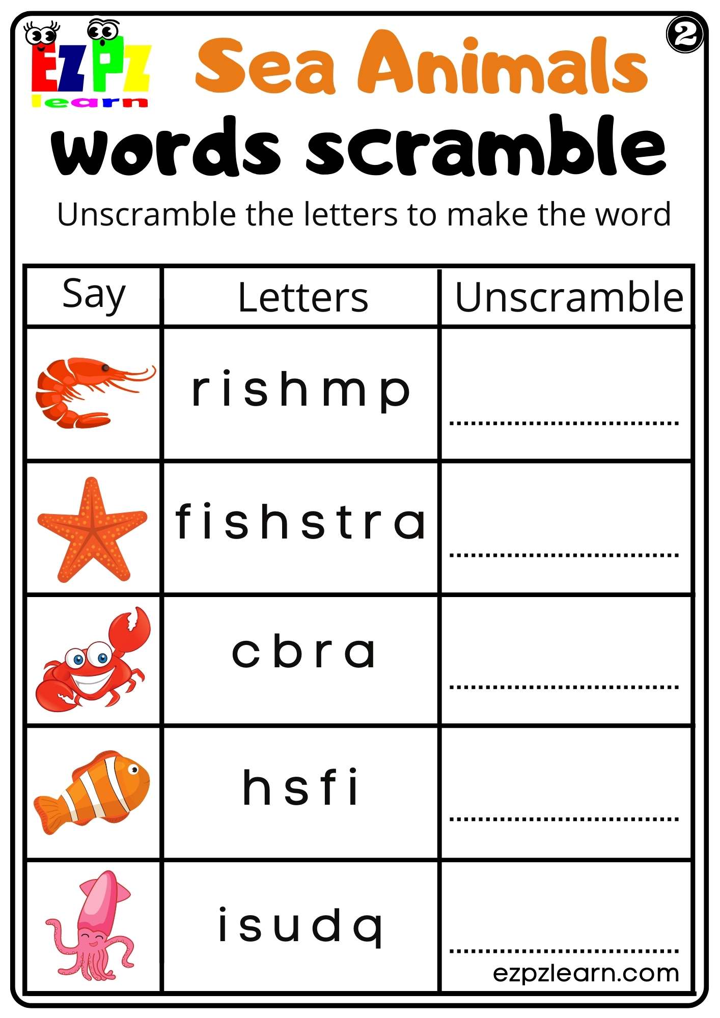 Sea Animals Word Scramble Worksheet For Kids and ESL Set 2 Free PDF ...