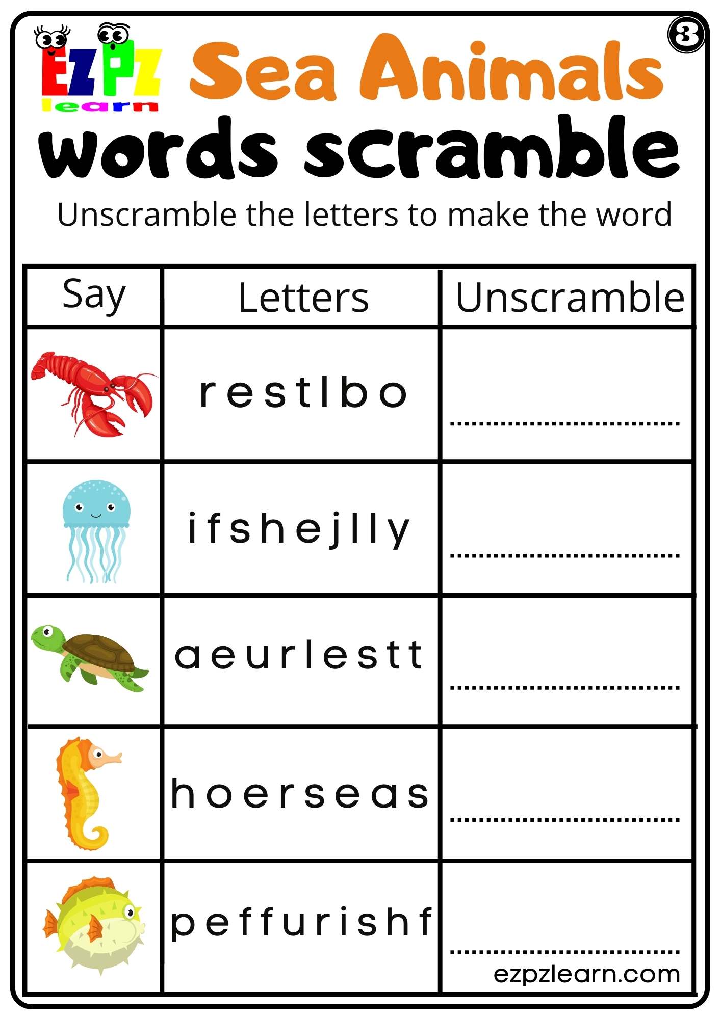 Sea Animals Word Scramble Worksheet For Kids and ESL Set 3 PDF Download ...