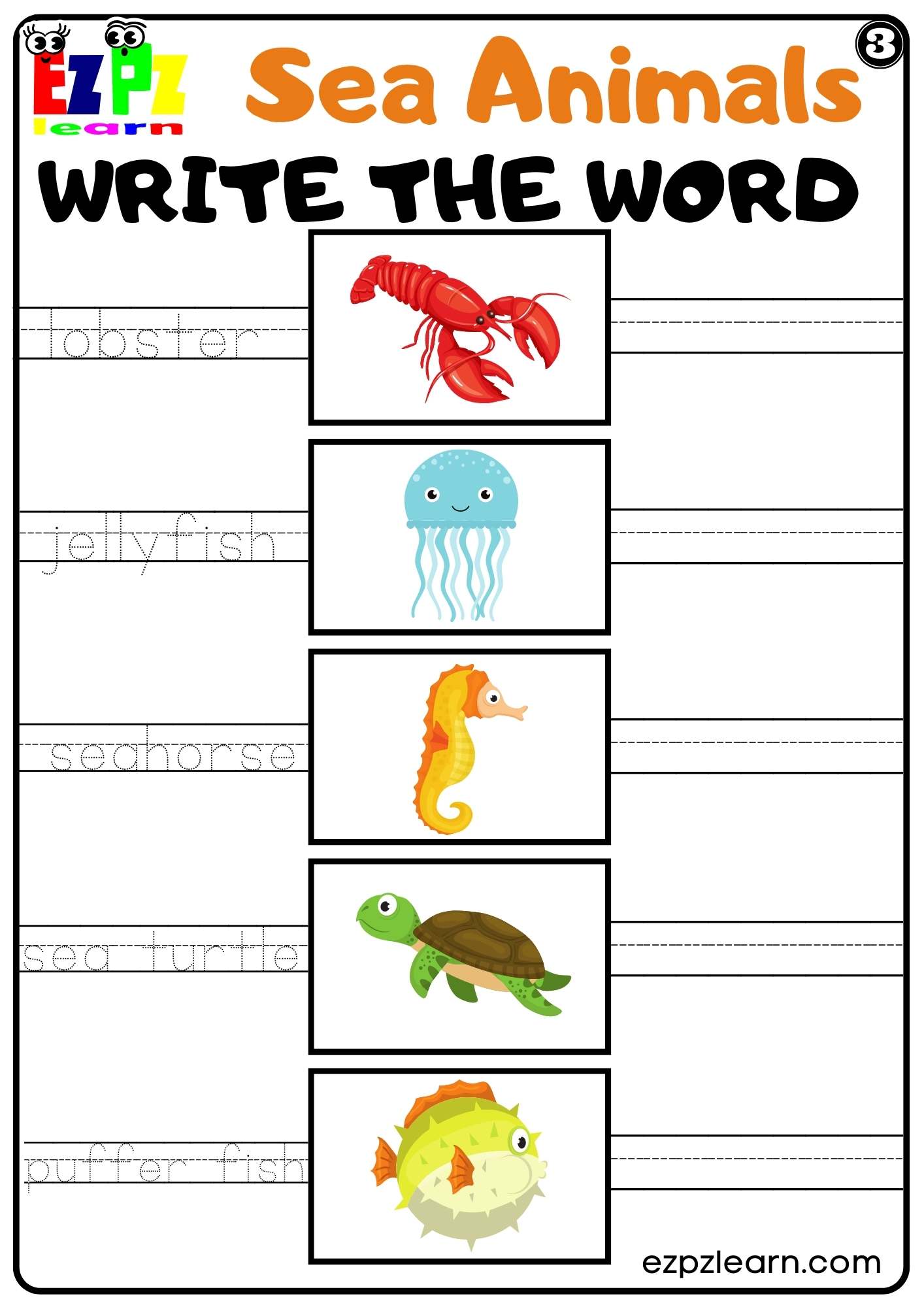 Sea Animals Write the Word For Kids and ESL Set 3 PDF Download ...