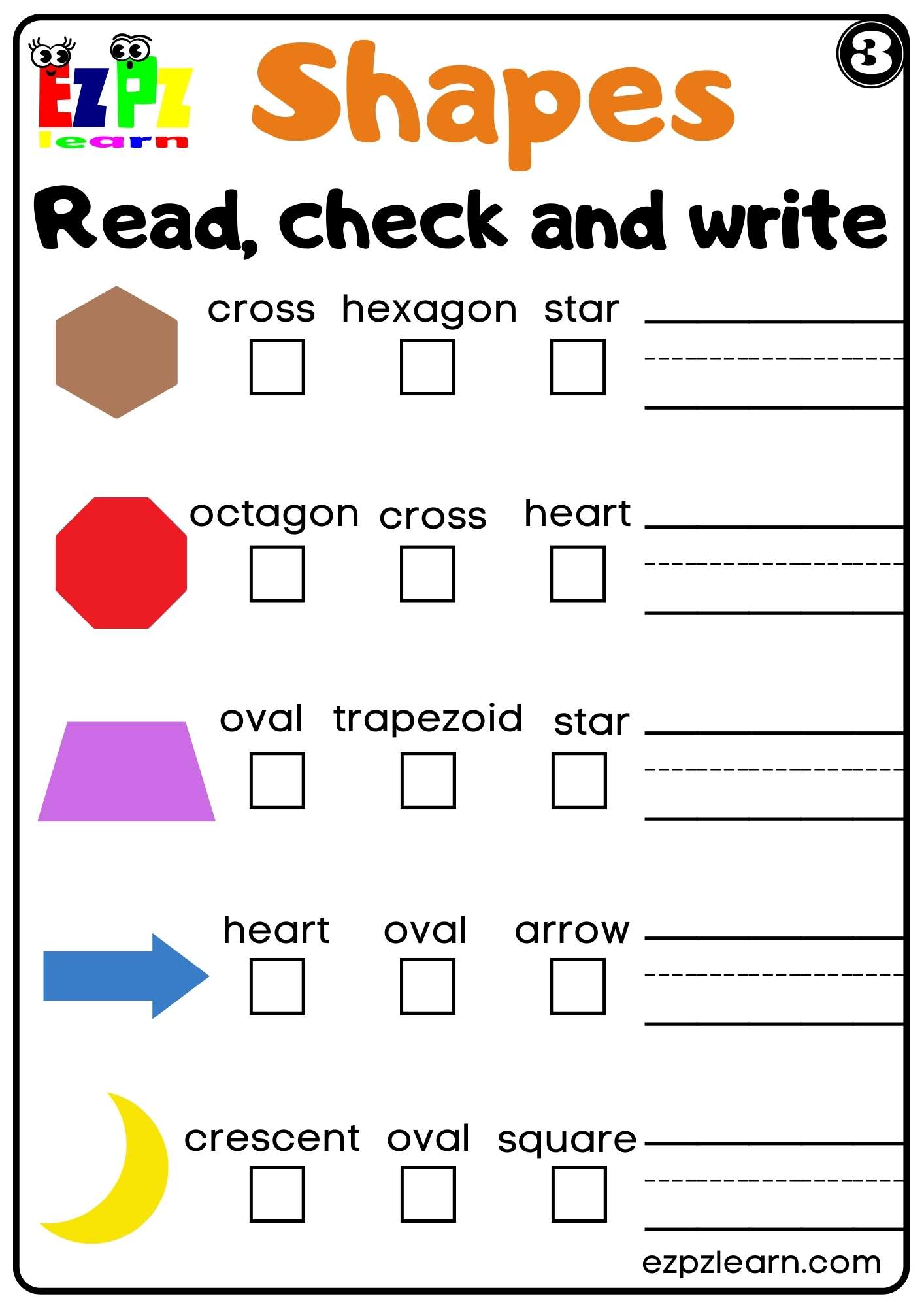 Shapes Read Check and Write Worksheet for Home Schooling Kindergarten ...