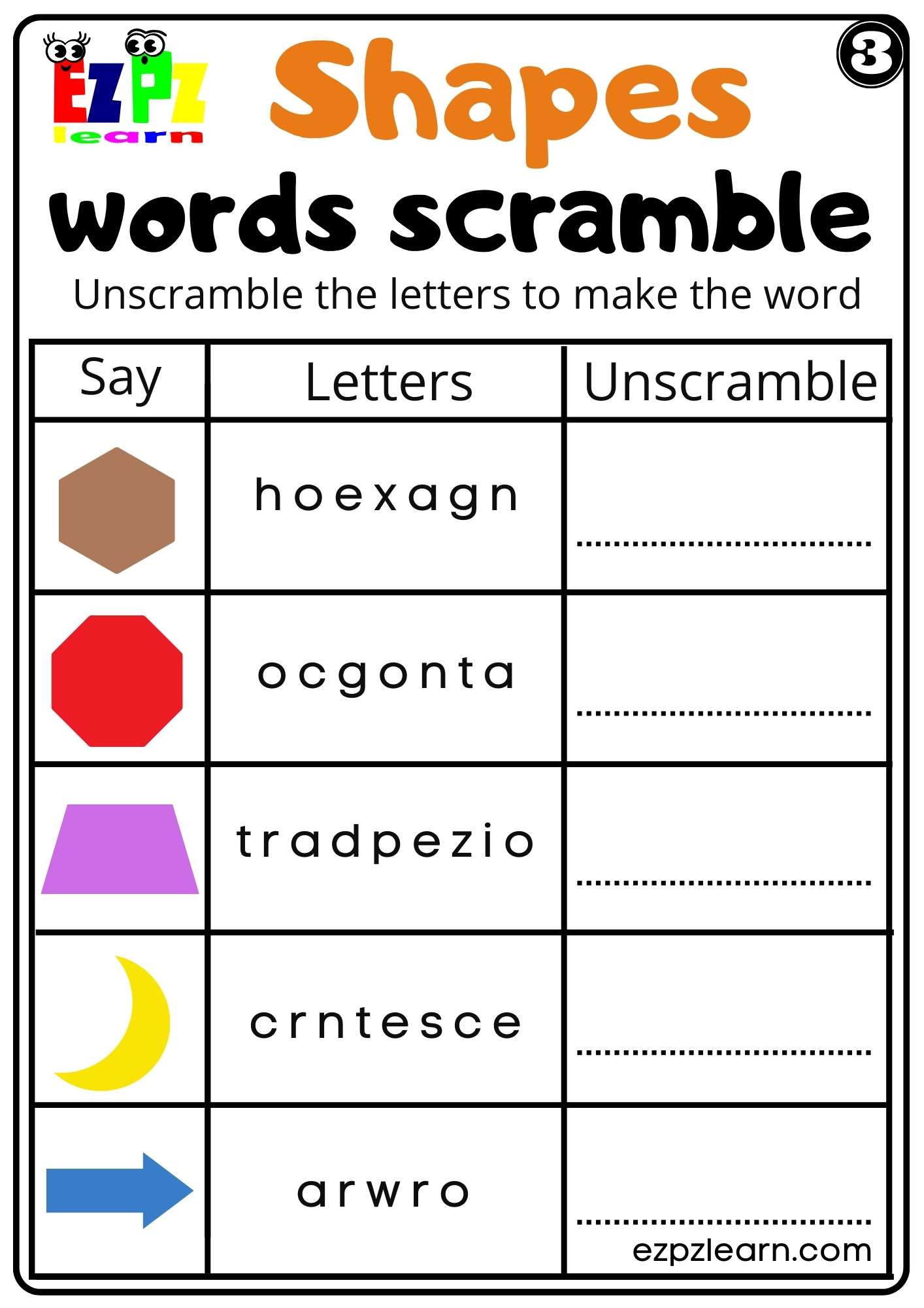 Shapes Word Scramble Worksheet for Home Schooling Kindergarten and ESL ...