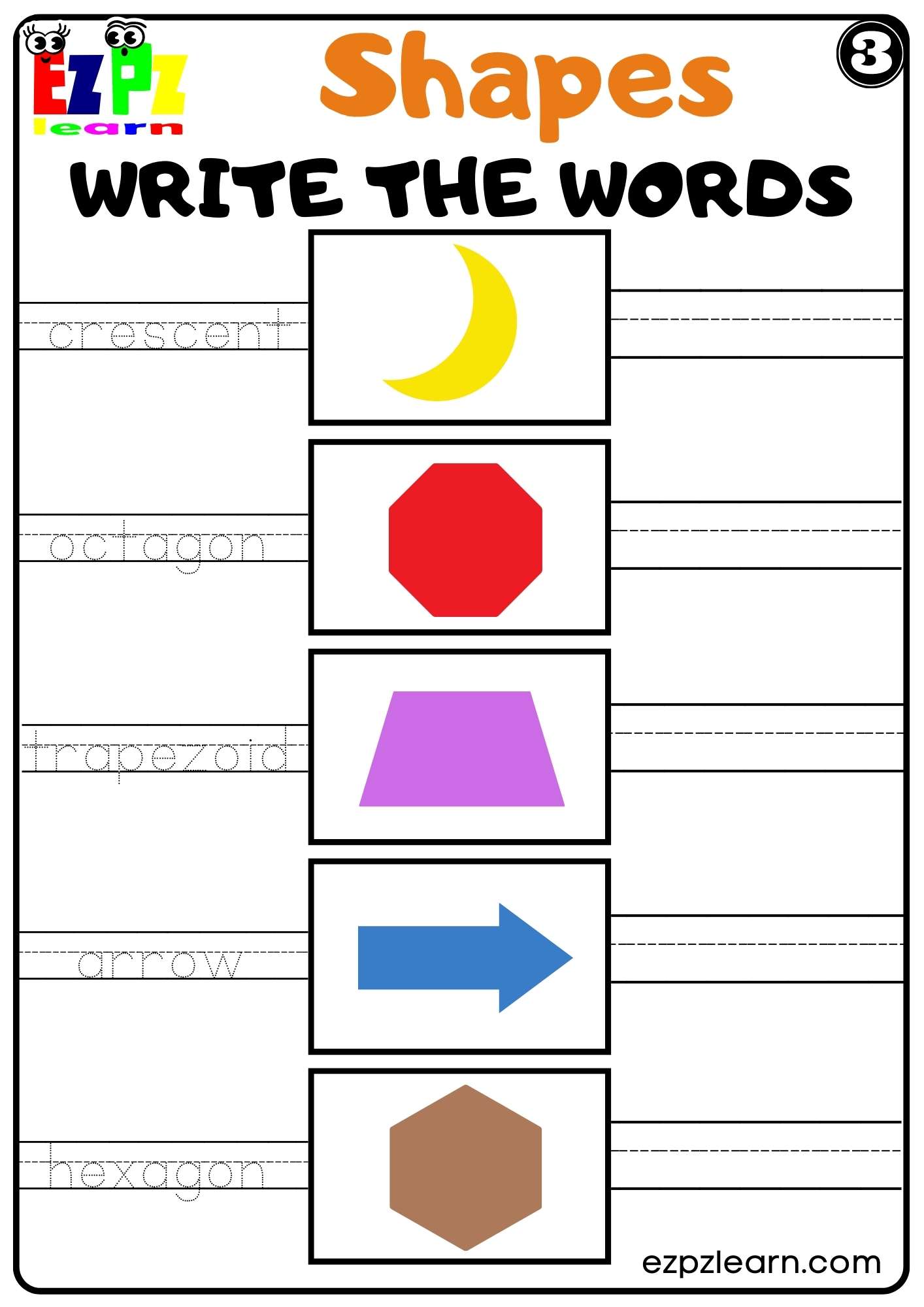 Shapes Write the Words Worksheet for Home Schooling Kindergarten and ...