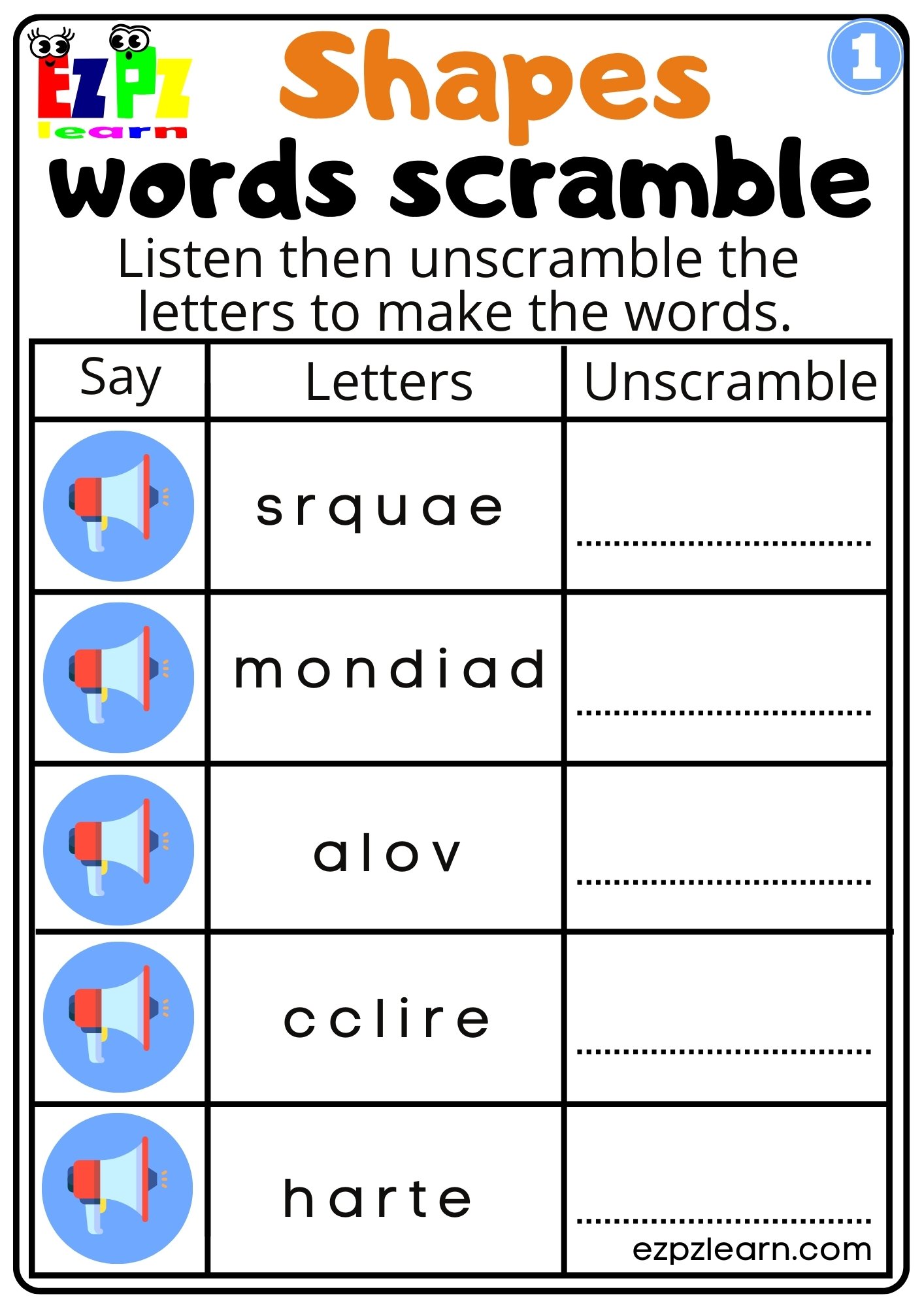 Shapes Vocabulary Interactive Worksheet Listen, Unscramble and Write ...