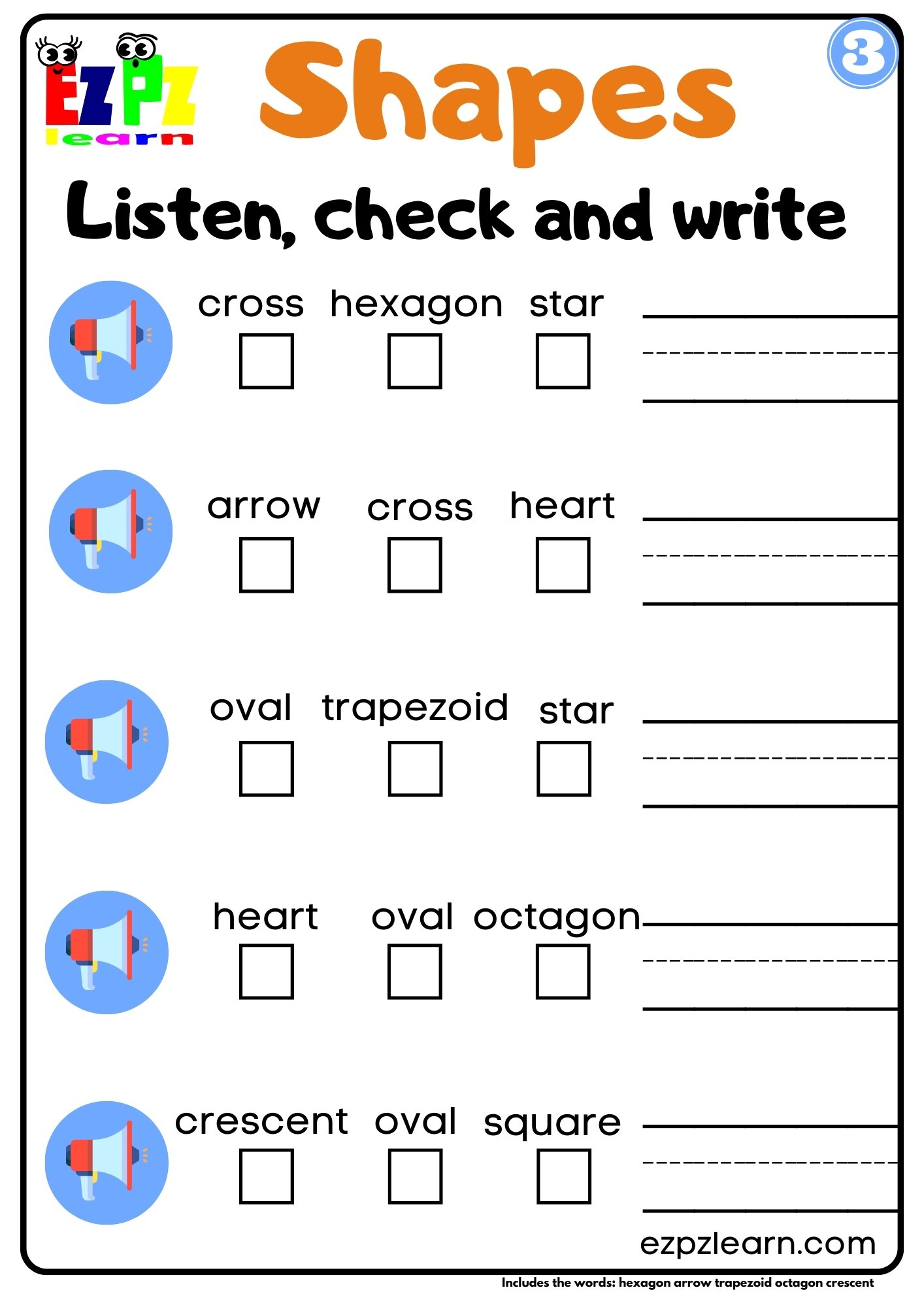 Shapes Vocabulary Interactive Worksheet Listen, Check and Write the ...