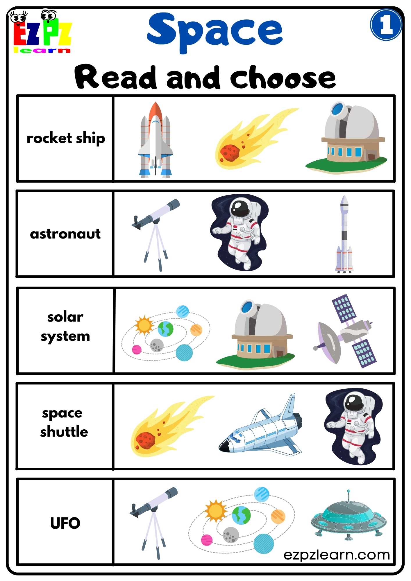 Space Read and Choose Worksheet Number 1 - Ezpzlearn.com