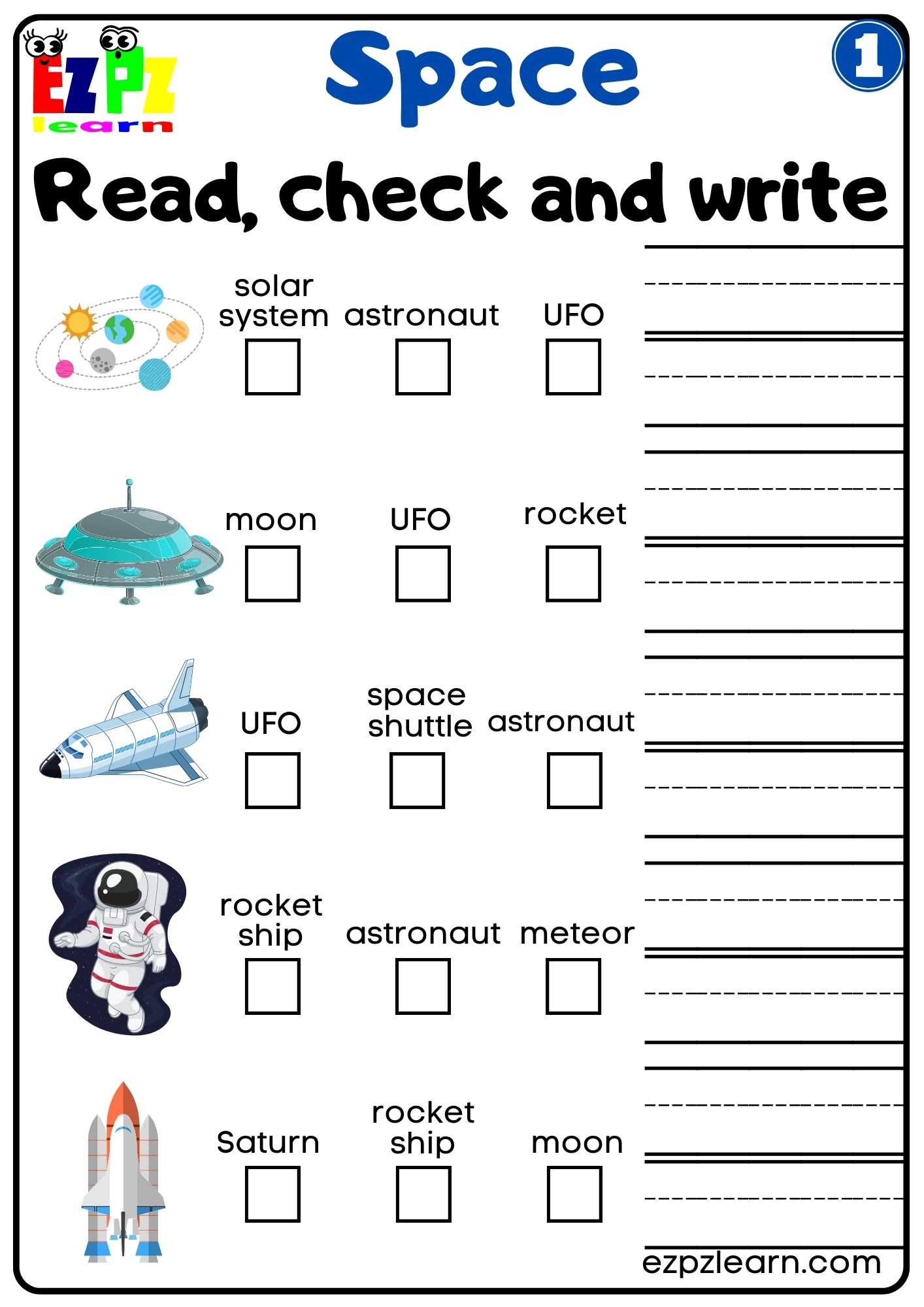 Space Read Check and Write Worksheet Number 1 - Ezpzlearn.com