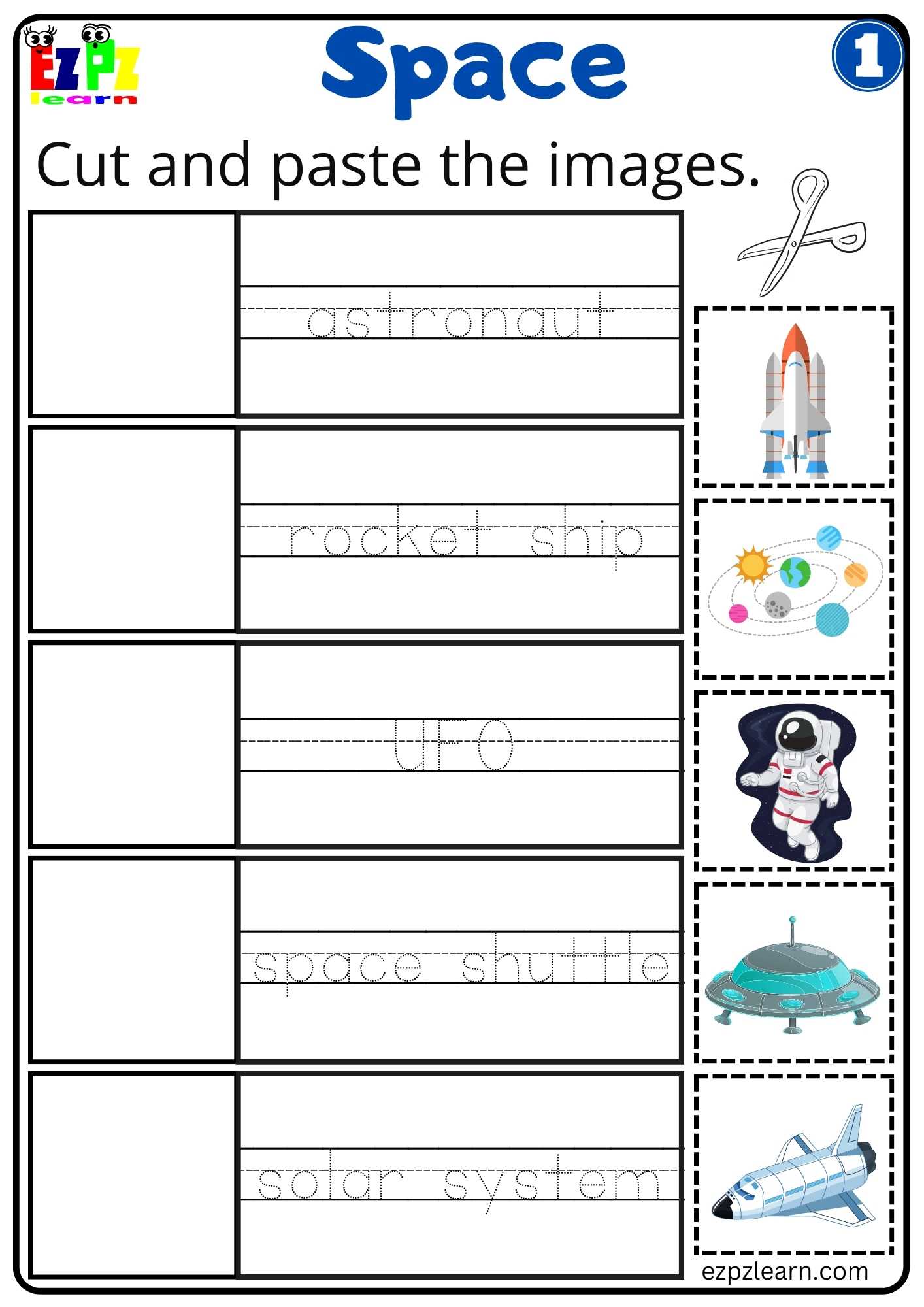 Space Cut and Paste Worksheet Number 1 - Ezpzlearn.com