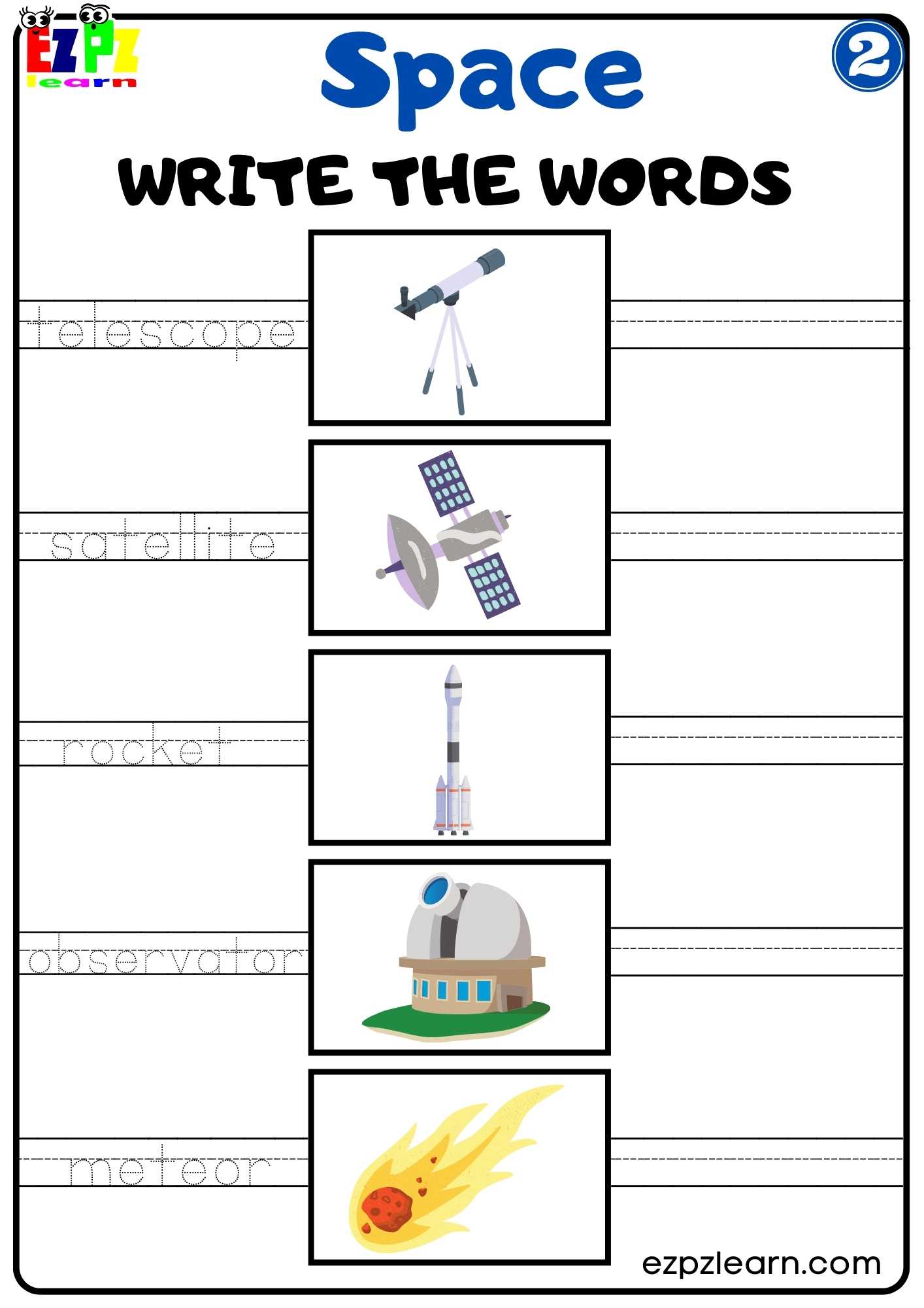 Space Write the Words Worksheet Number 2 - Ezpzlearn.com