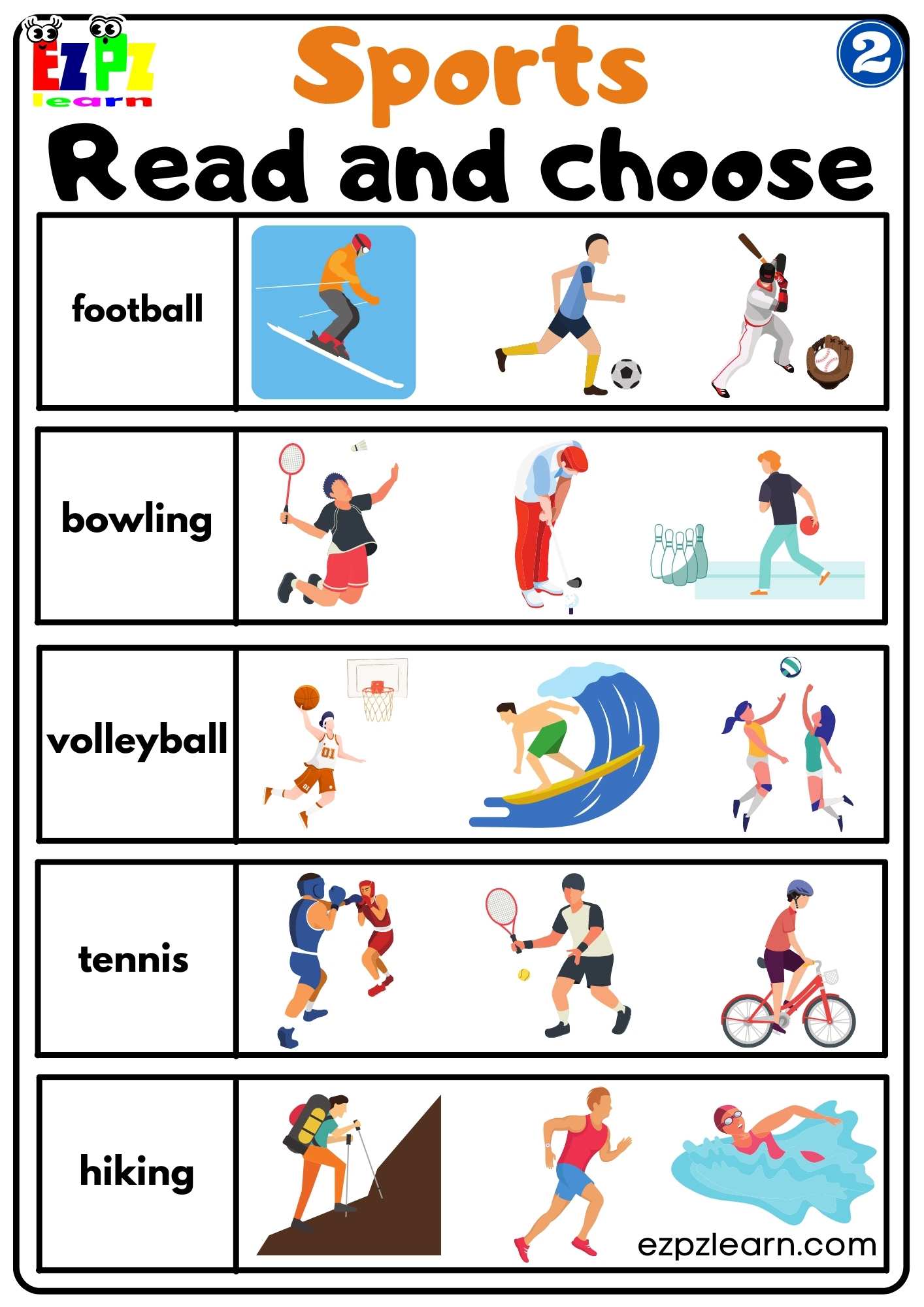 Group 2 Sports Read and Choose Worksheet K5 Kids and ESL Students PDF ...